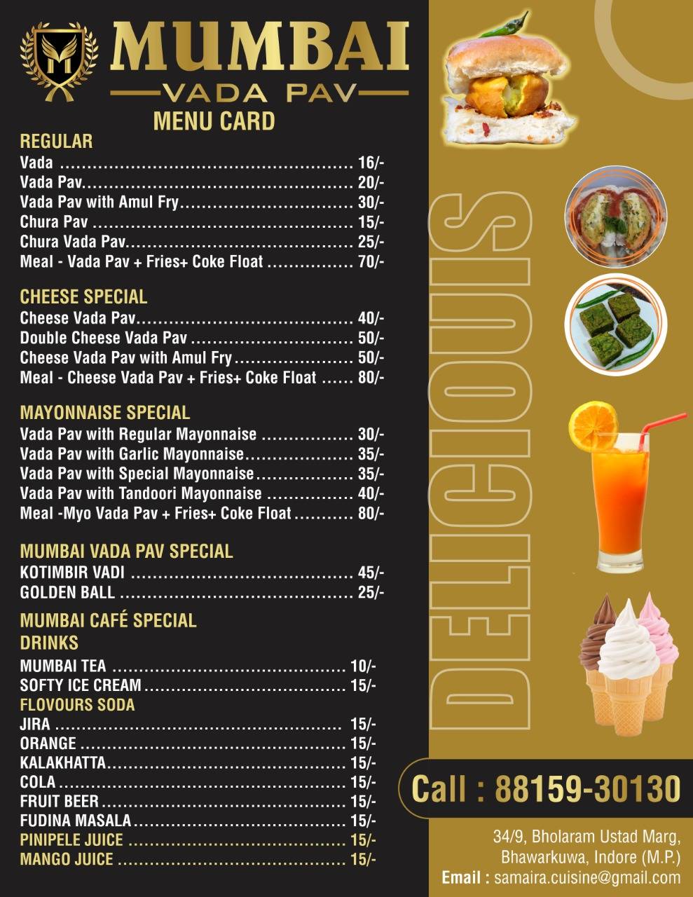 Menu at Mumbai Vada Pav, Indore, 34/9