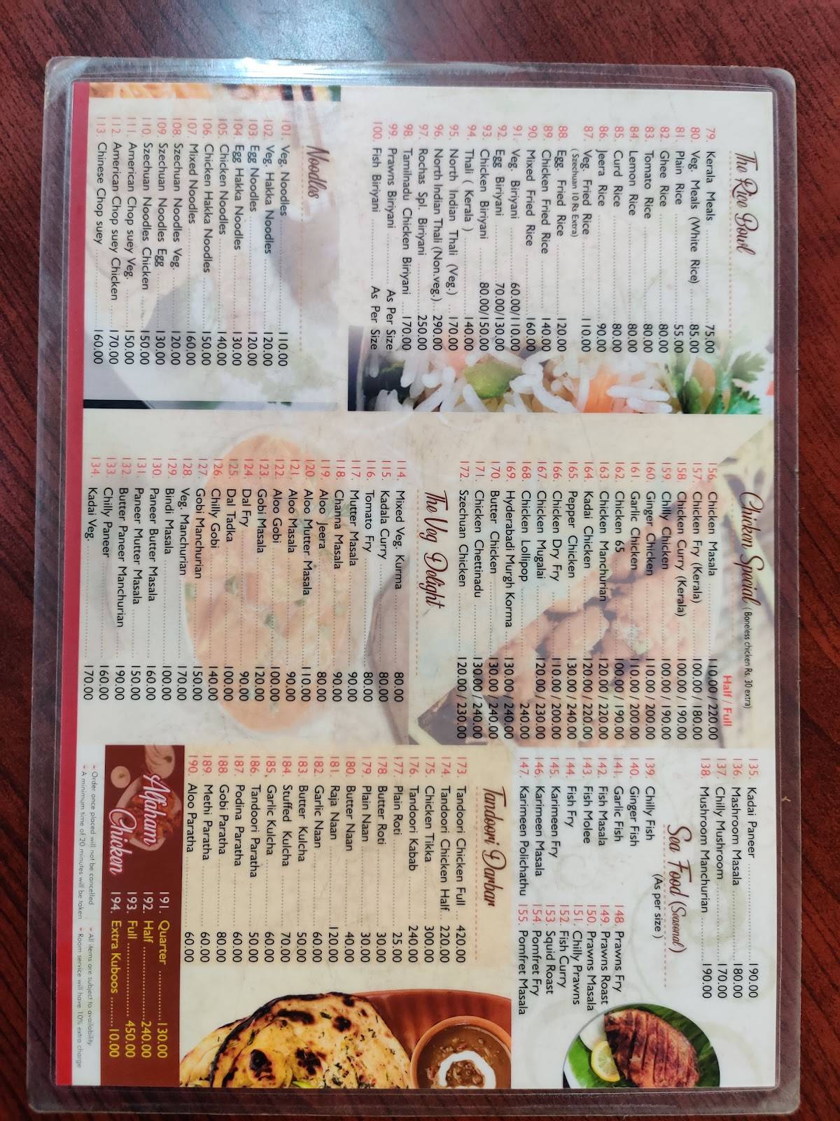 Menu at Rochas Restaurant, Munnar