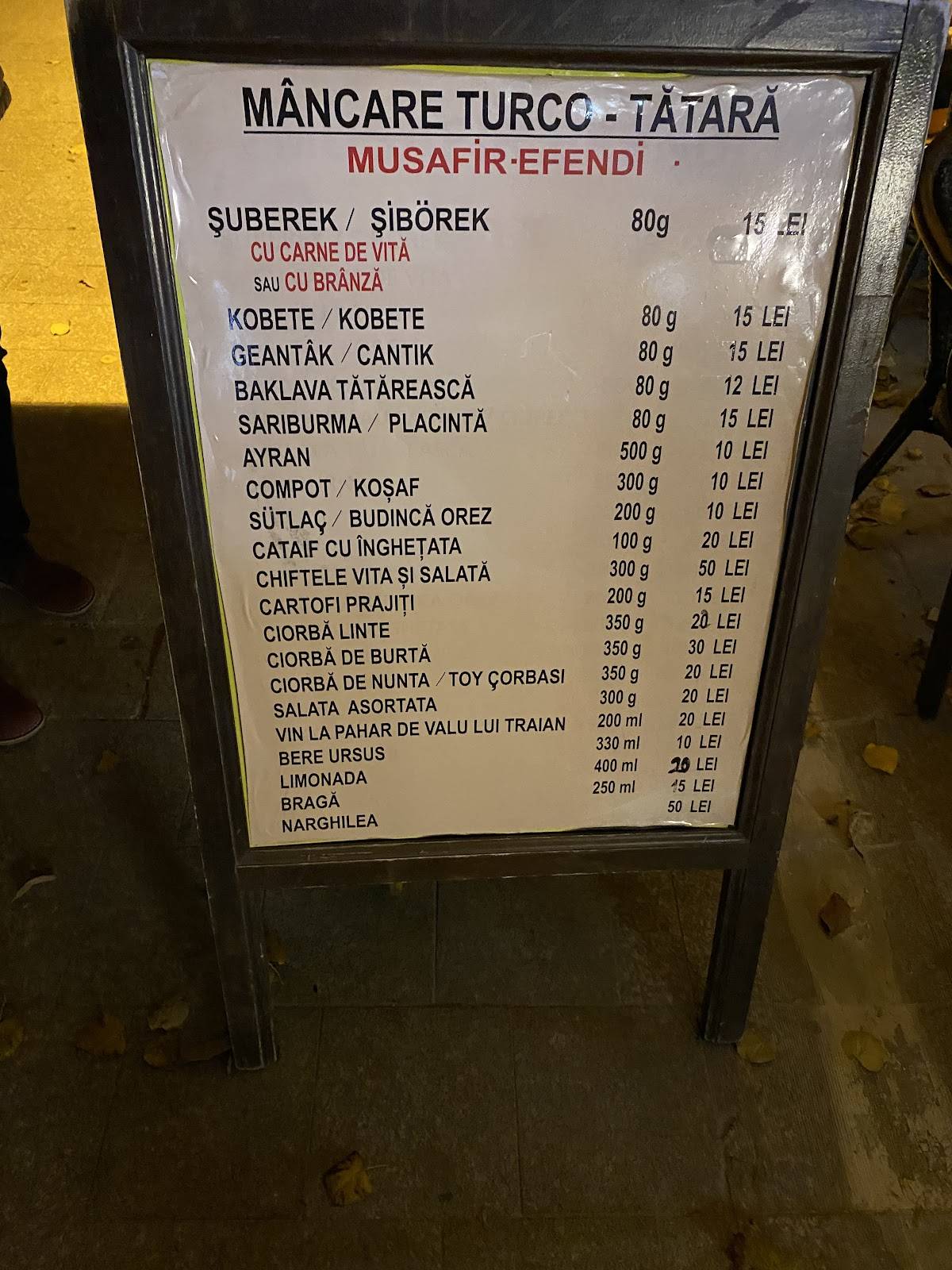 Menu at Musafir Efendi, Constanța