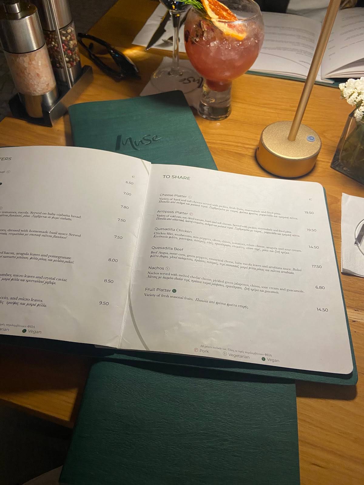 Menu at Muse, Paphos