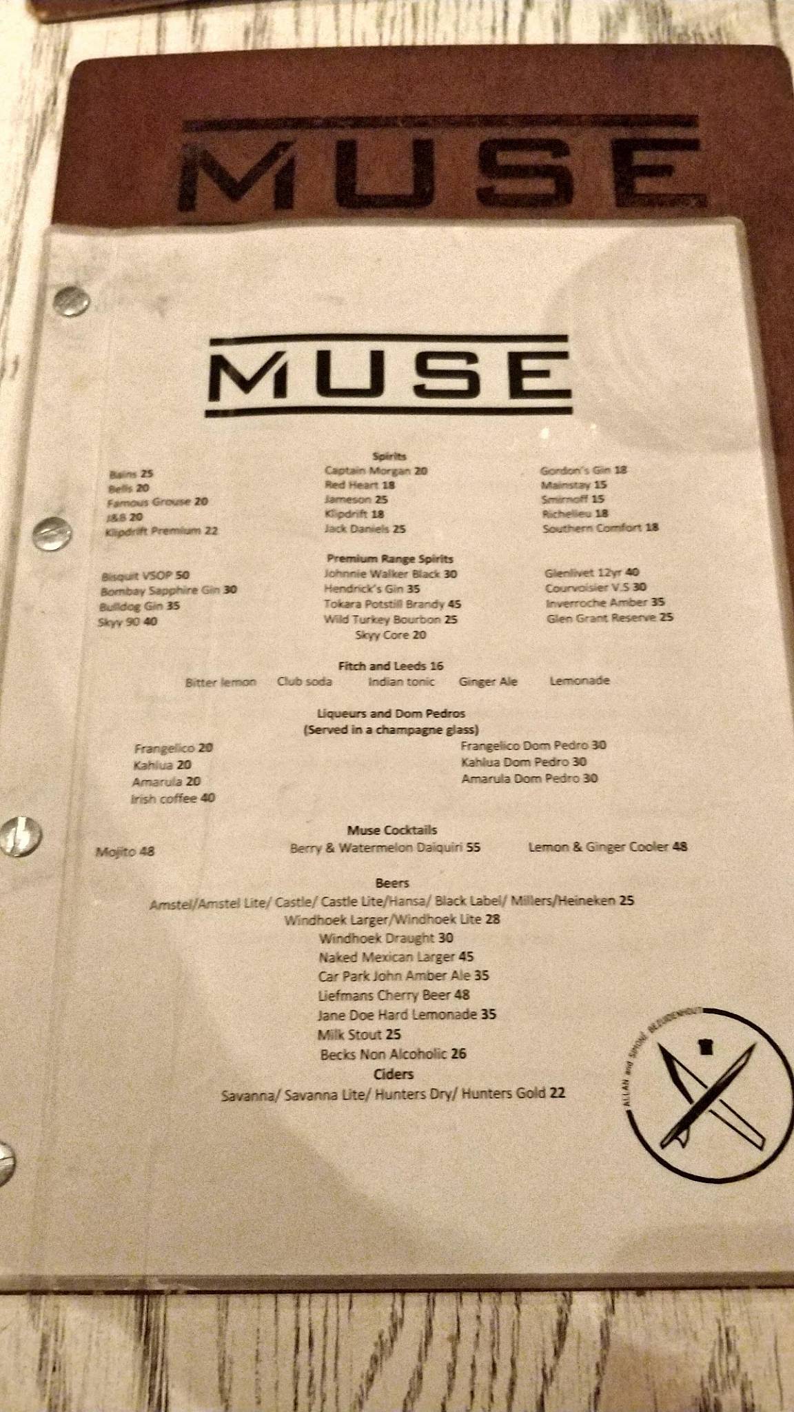Menu at Muse Restaurant, South Africa