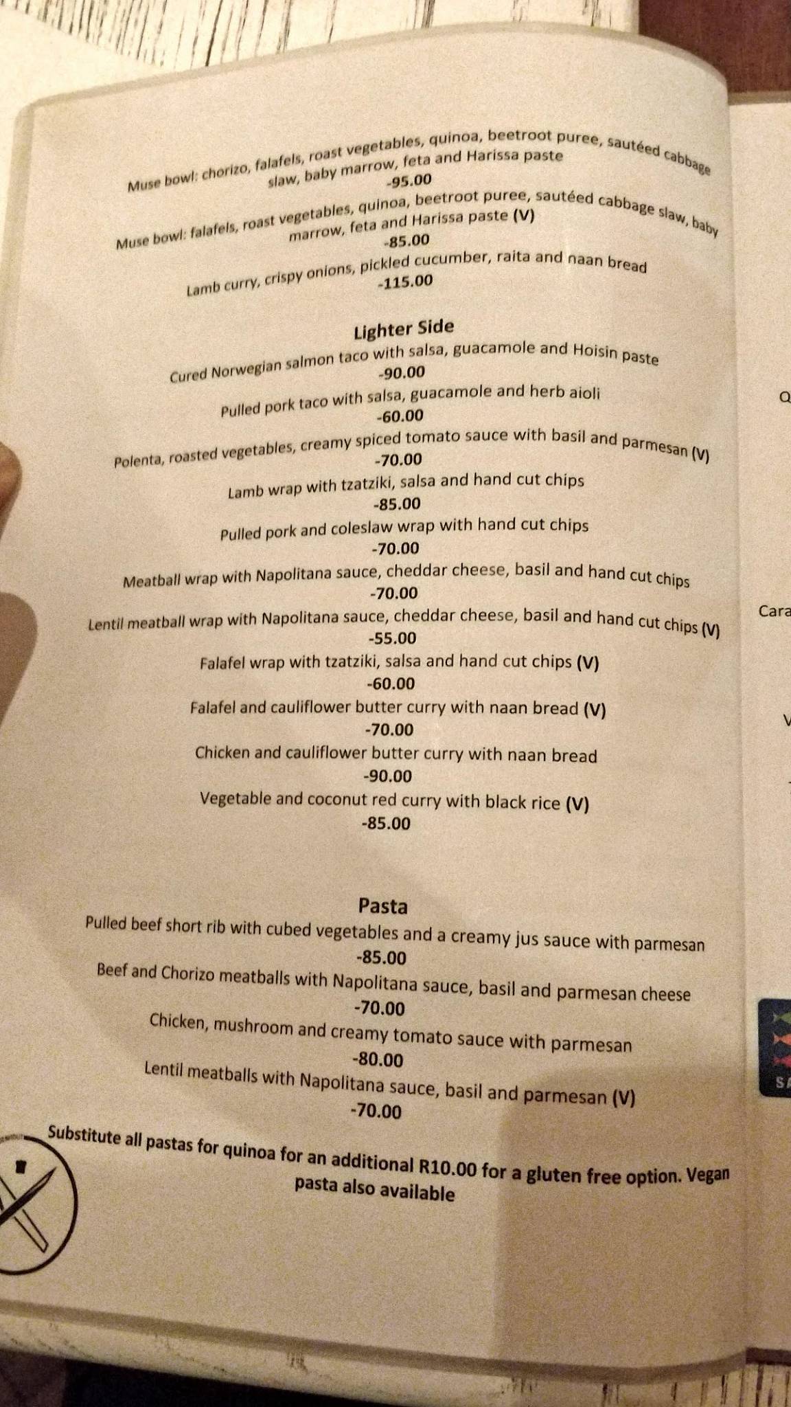 Menu at Muse Restaurant, South Africa