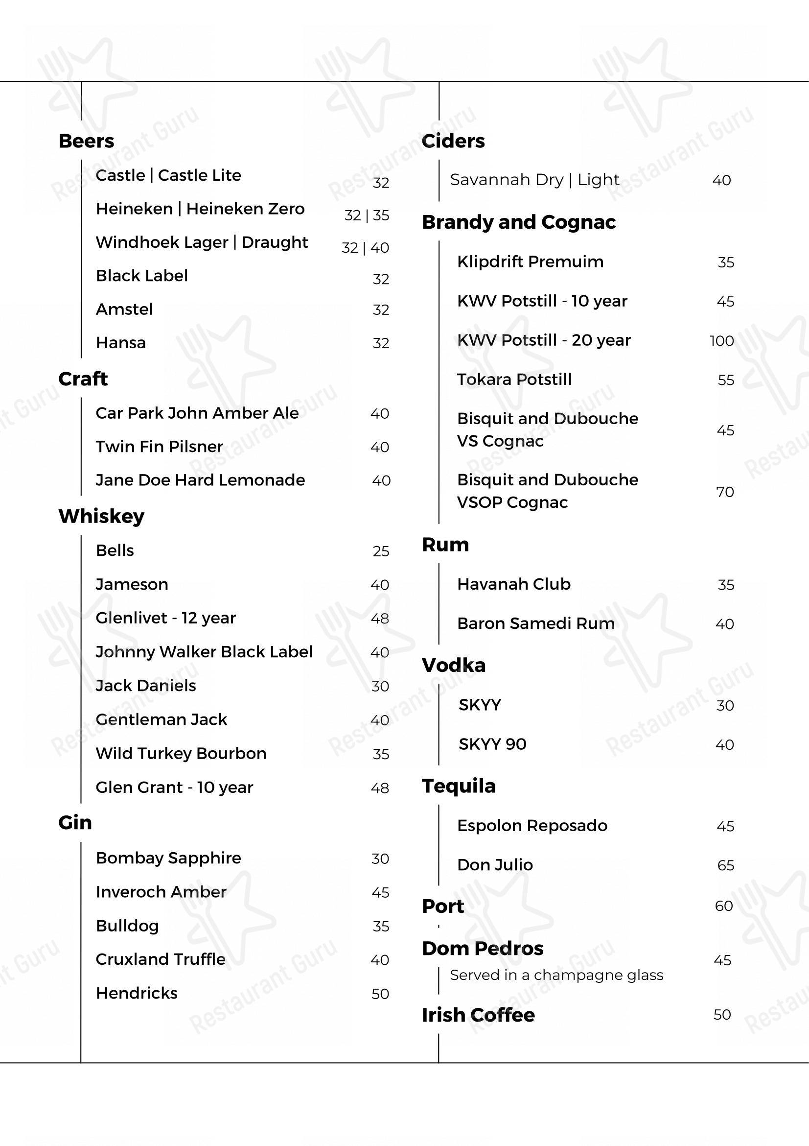 Menu at Muse Restaurant, Port Elizabeth