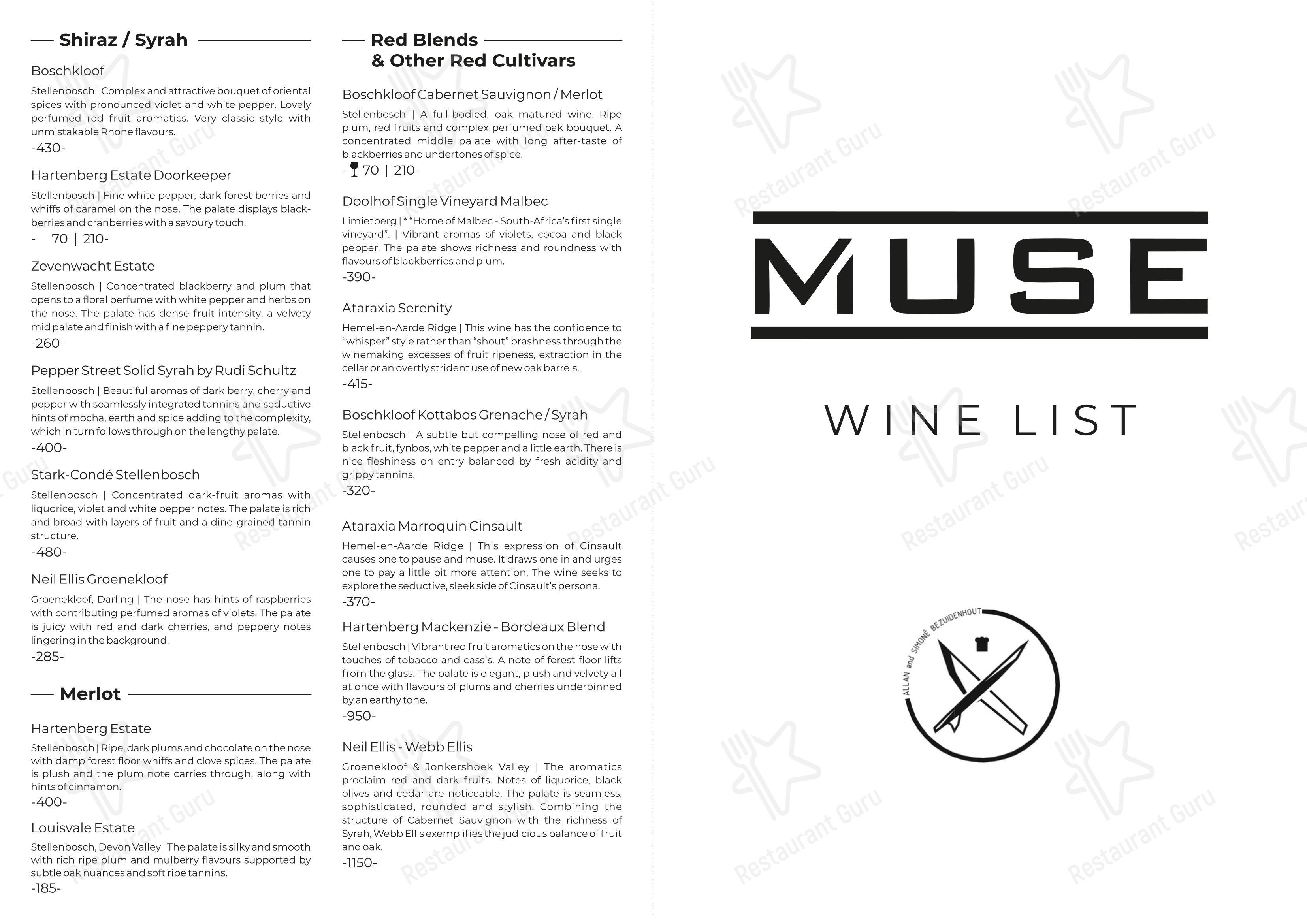 Menu at Muse Restaurant, Port Elizabeth
