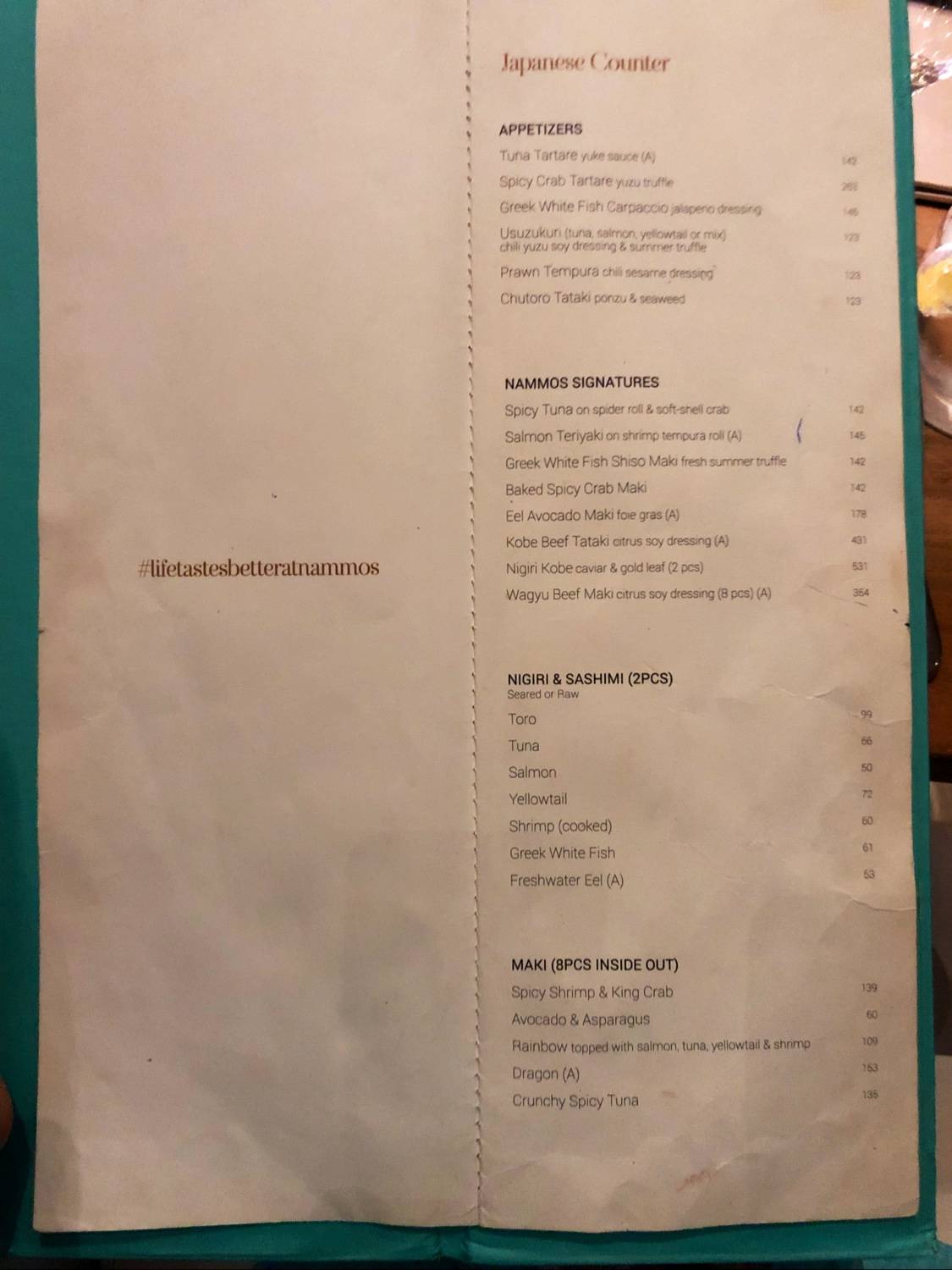 Menu at NAMMOS Dubai restaurant, Dubai