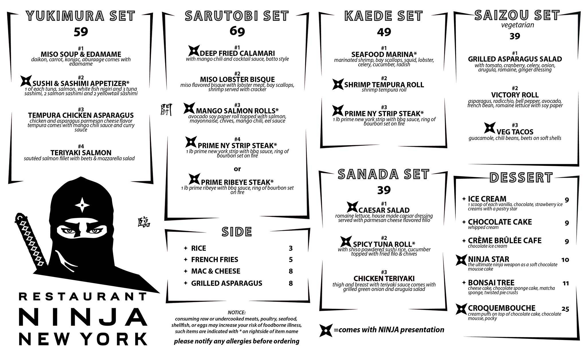 Menu at NINJA NEW YORK restaurant, New York City, 25 Hudson St