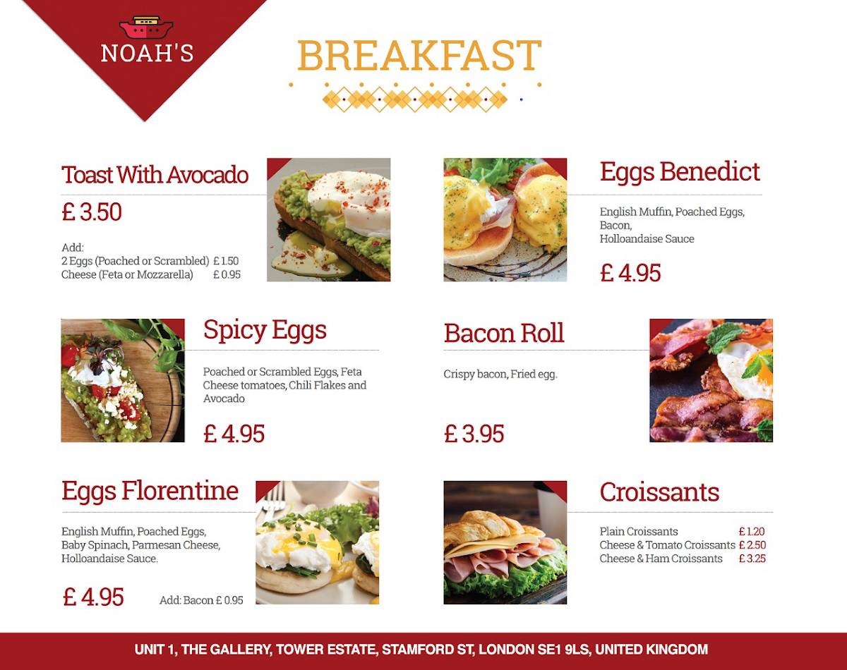 Menu at NOAH’s Southbank restaurant, London