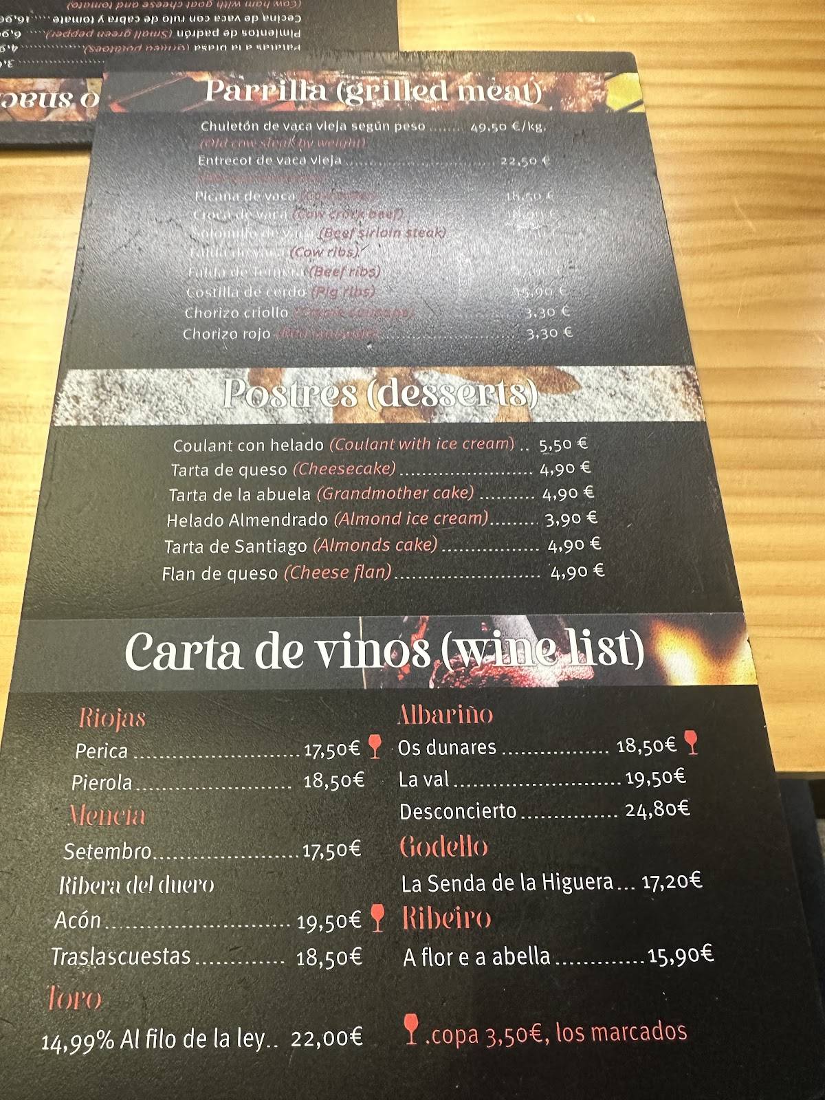 Carta del restaurante Na Brasa, La Coruña