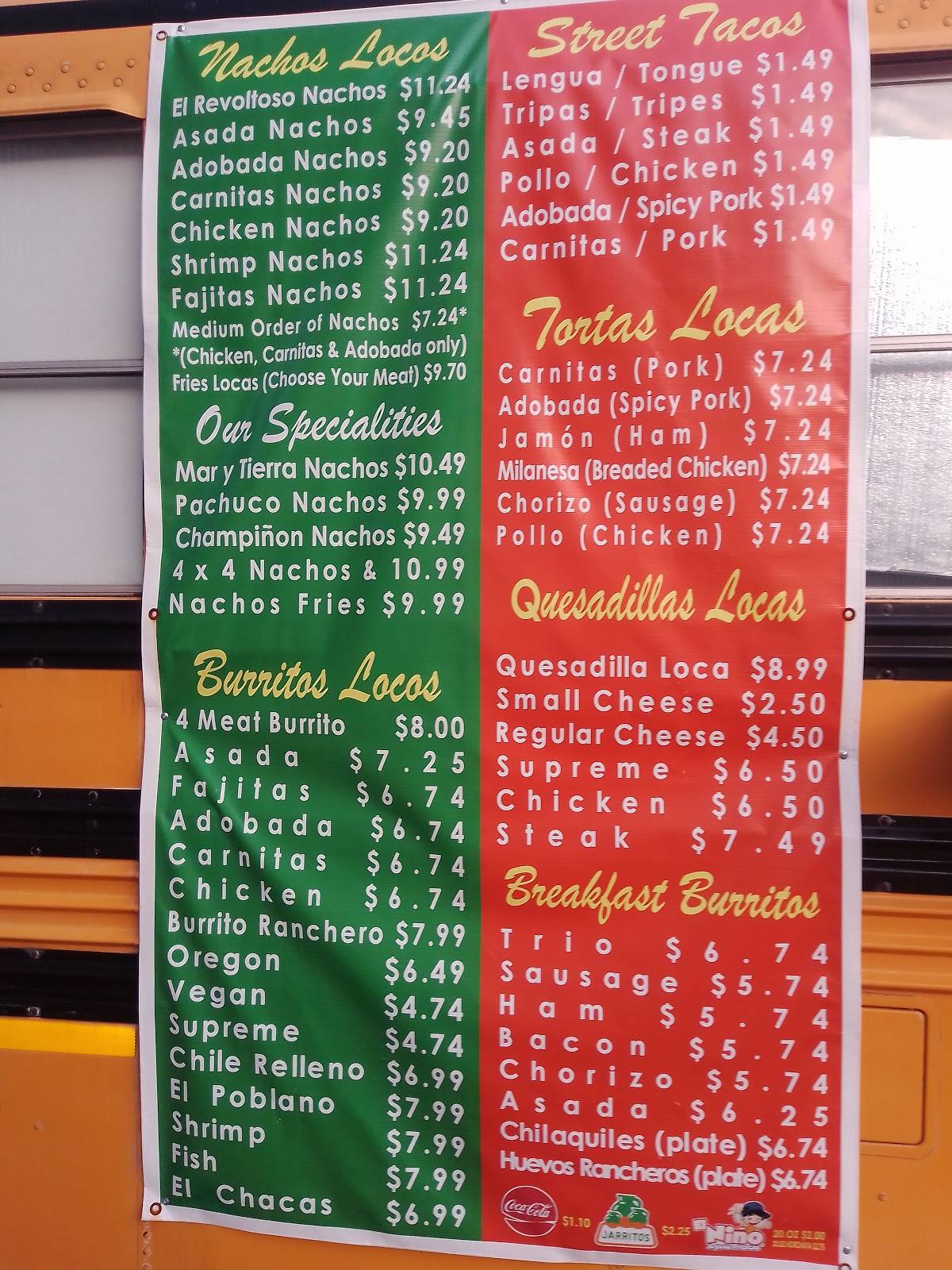 Menu at Nachos Locos Mexican Food (Nacho Bus) restaurant, Salem