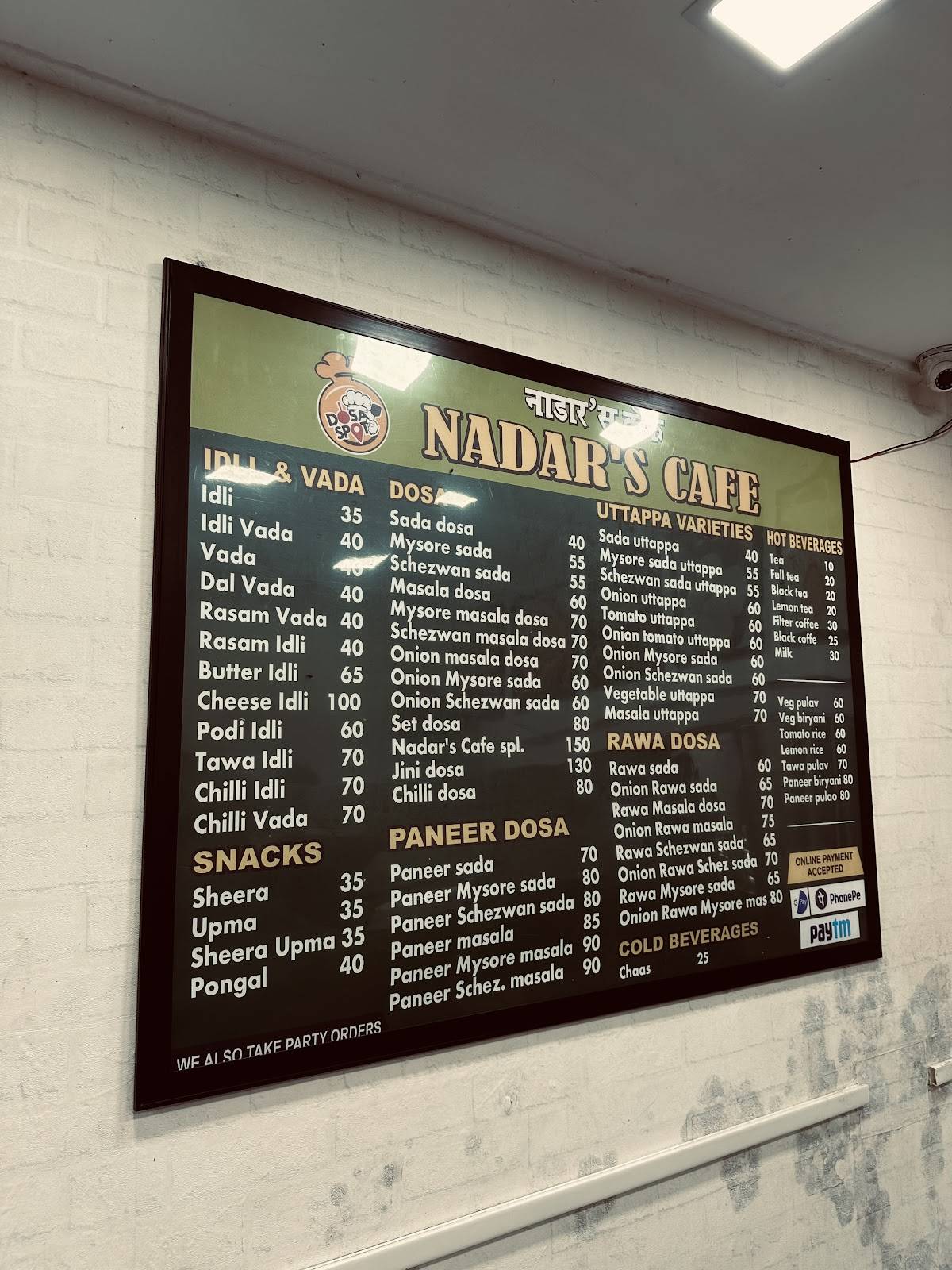 Menu at Nadar's Cafe, Mumbai