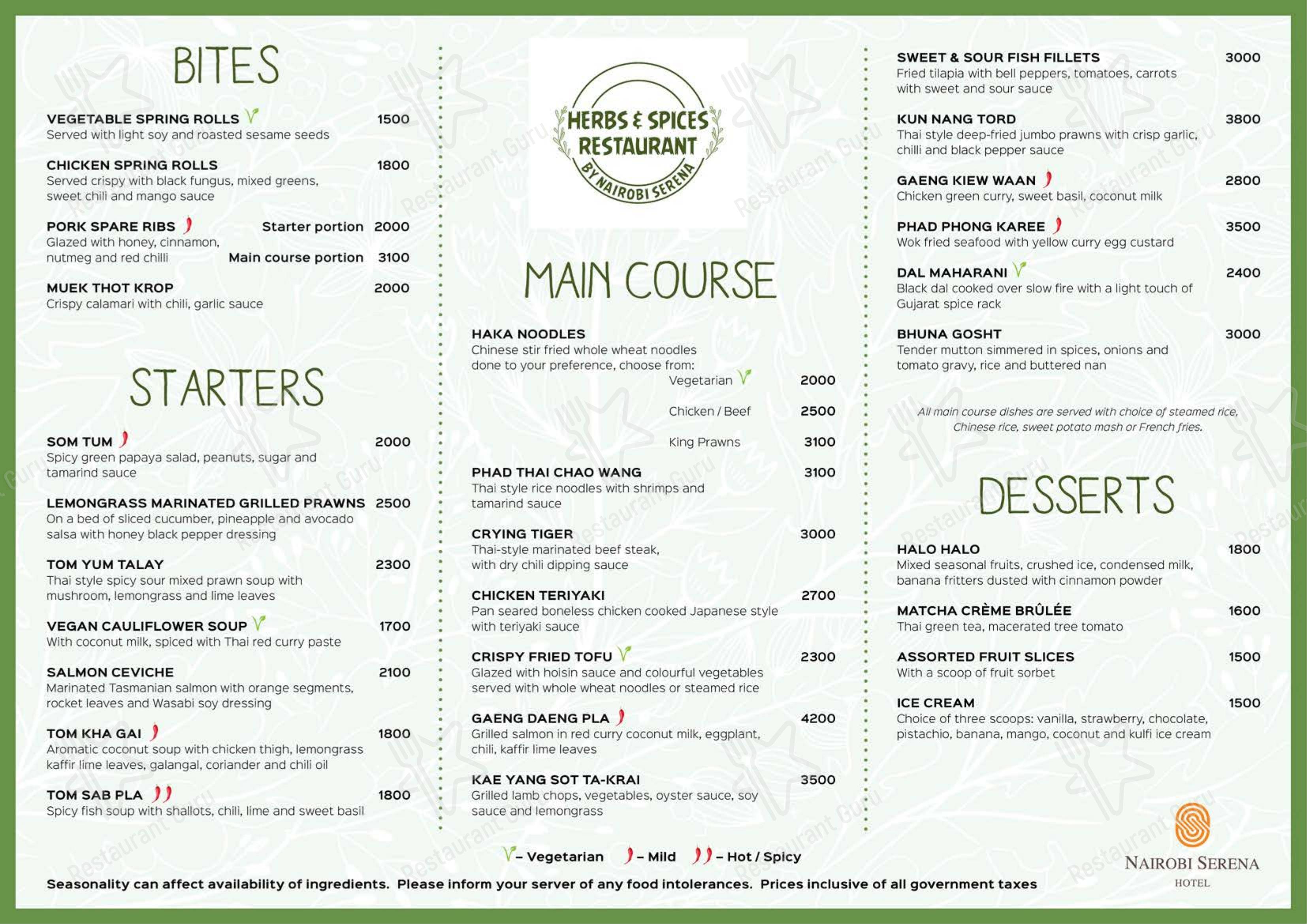 Menu at Nairobi Serena Hotel pub & bar, Nairobi