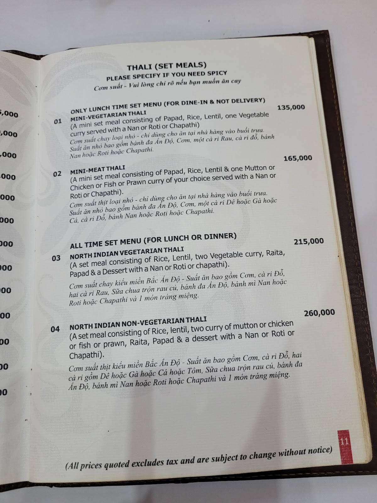 Menu at Namaste Hanoi restaurant, Hanoi