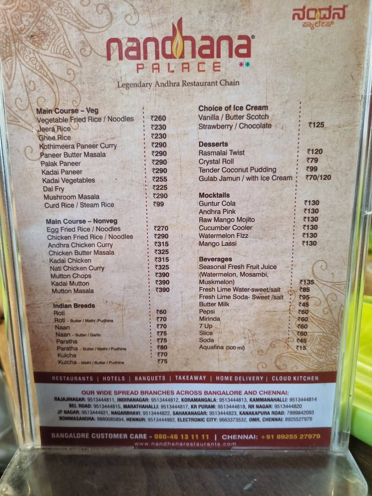 Menu at Nandhana Palace - Andhra Style Restaurant - Bommasandra, Bengaluru
