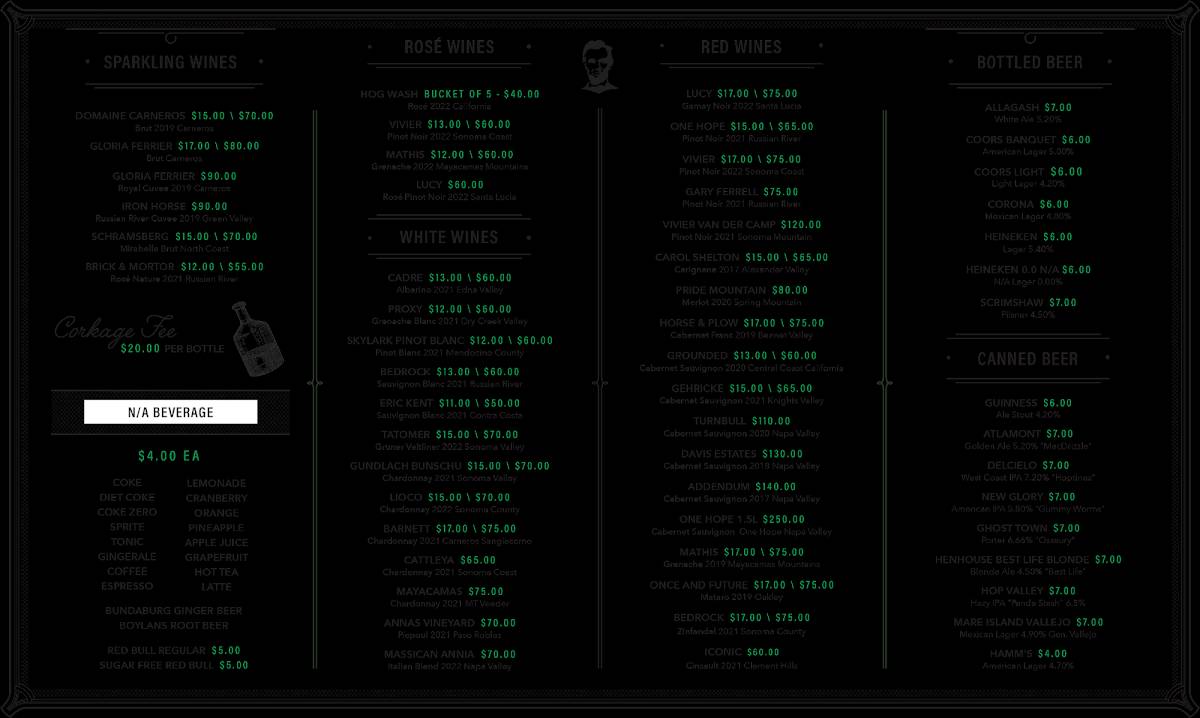 Menu at , Napa