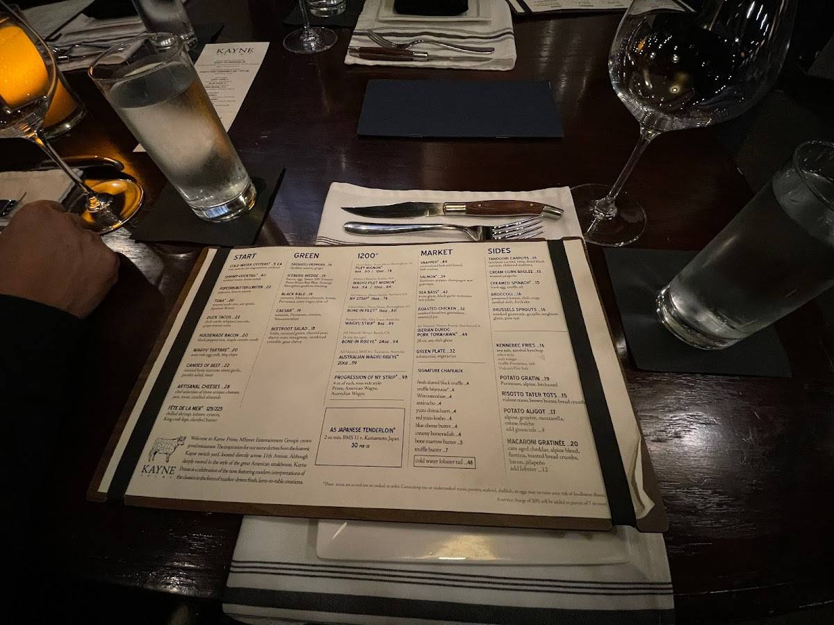 Menu at Kayne Prime steakhouse, Nashville