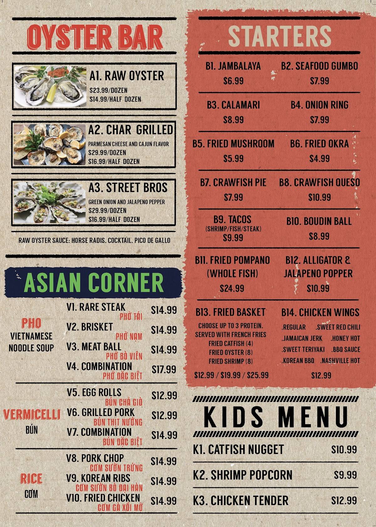 Menu at Street Brothers Seafood restaurant, Nashville