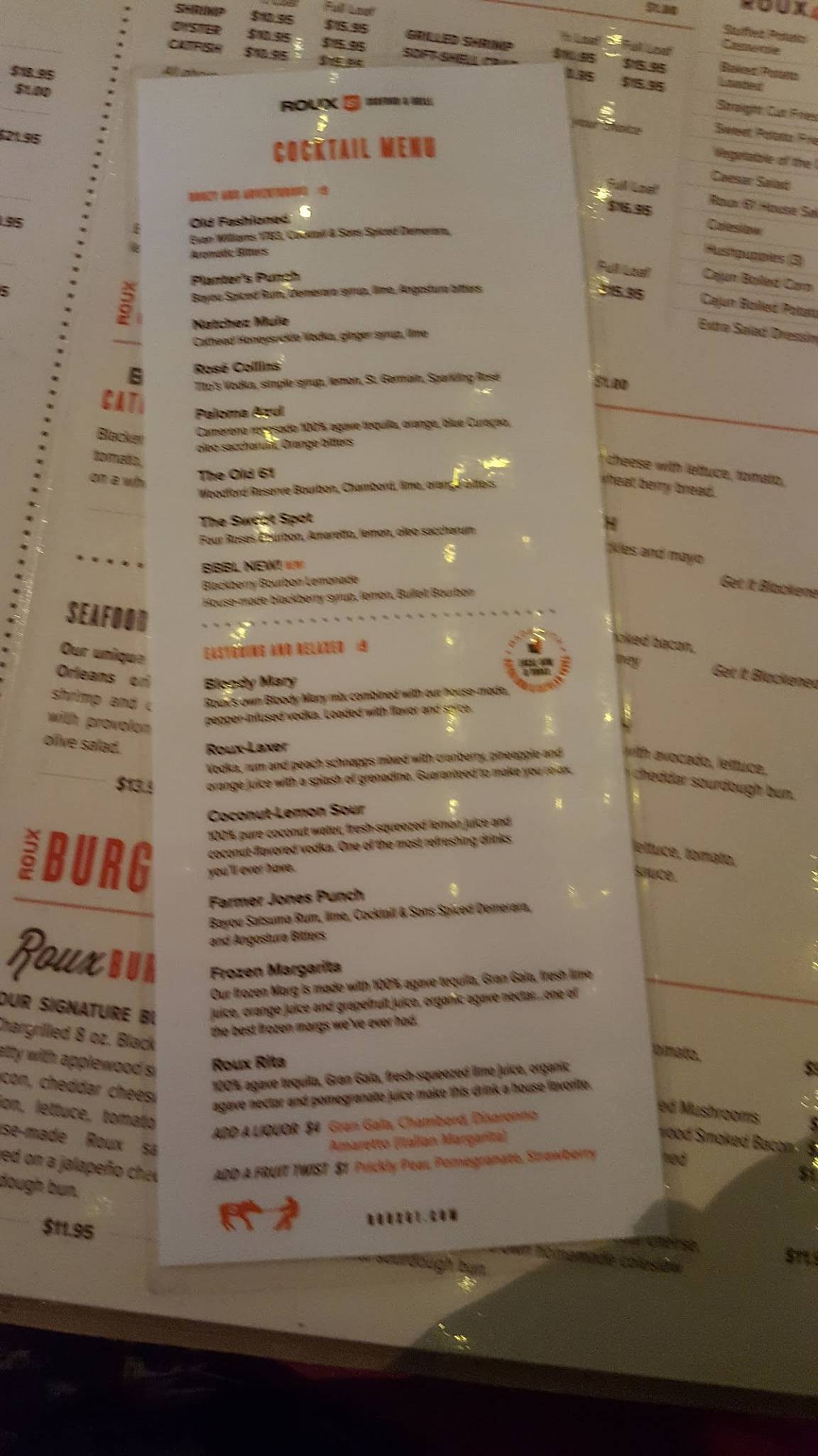 Menu at Roux 61 steakhouse, Natchez