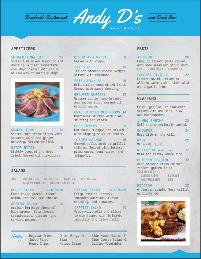 Menu at Andy D's Beachside Restaurant & Deck Bar, Navarre