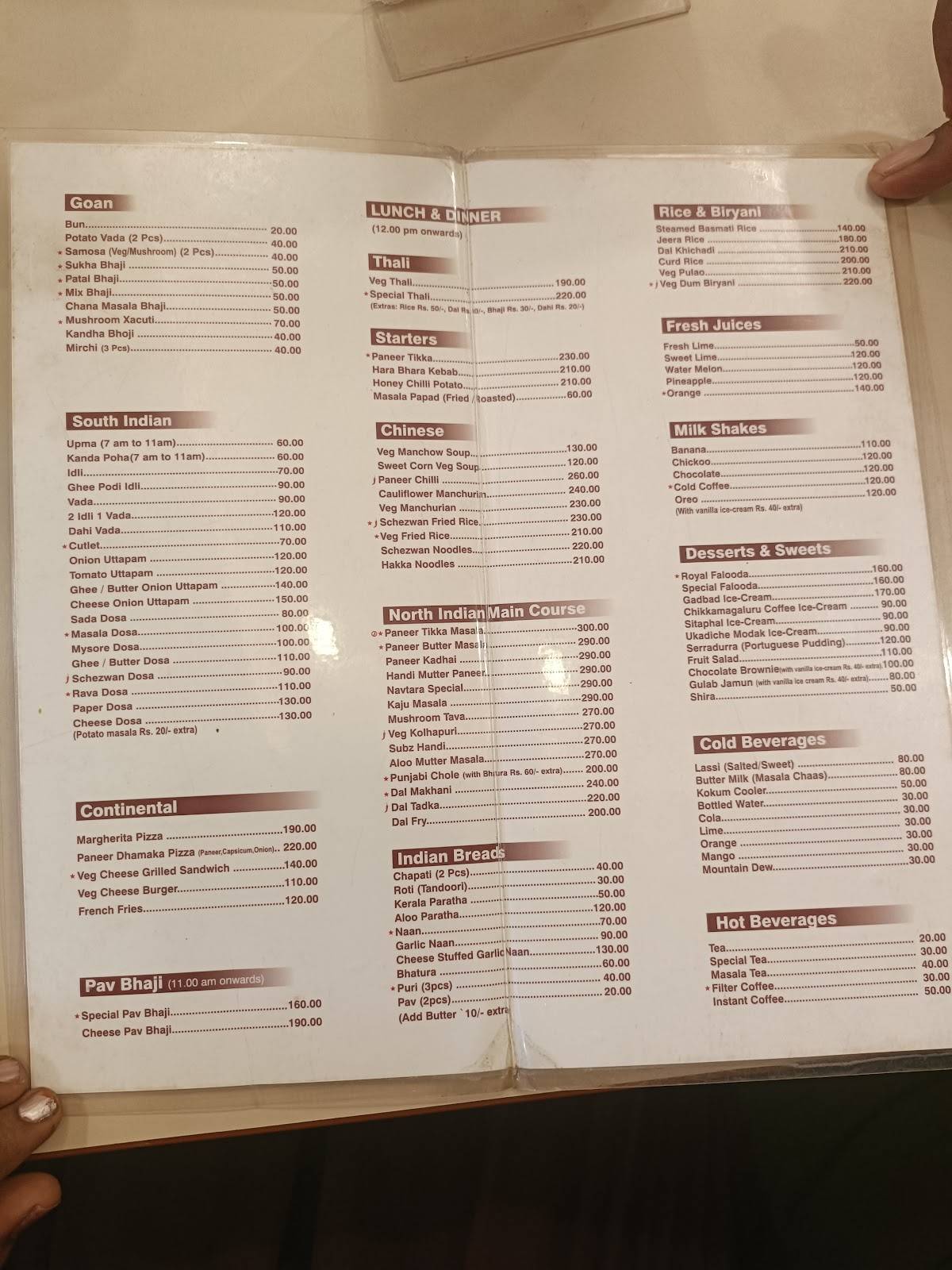 Menu at Navtara Veg Restaurant, Bambolim, Municipal Market Area