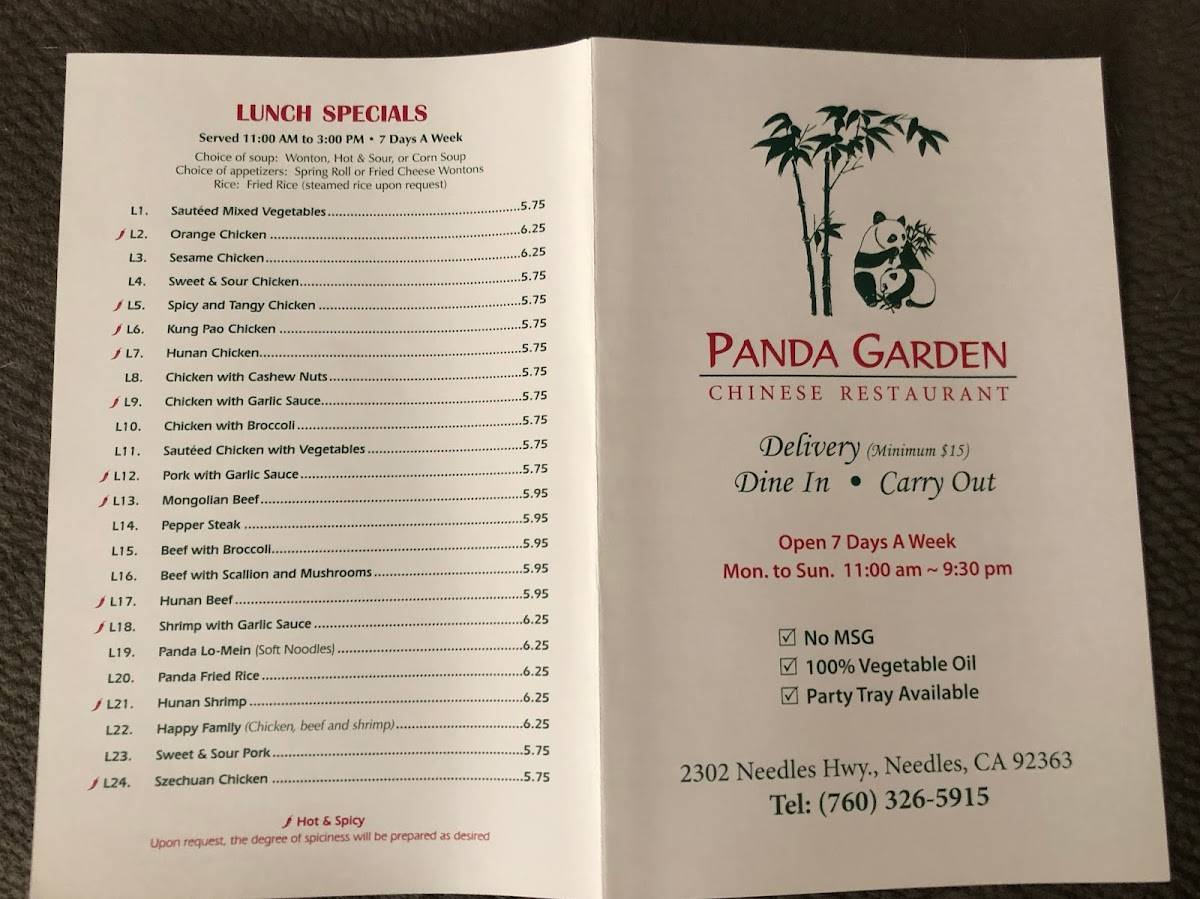 Menu at Panda Garden restaurant, Needles, Needles Hwy
