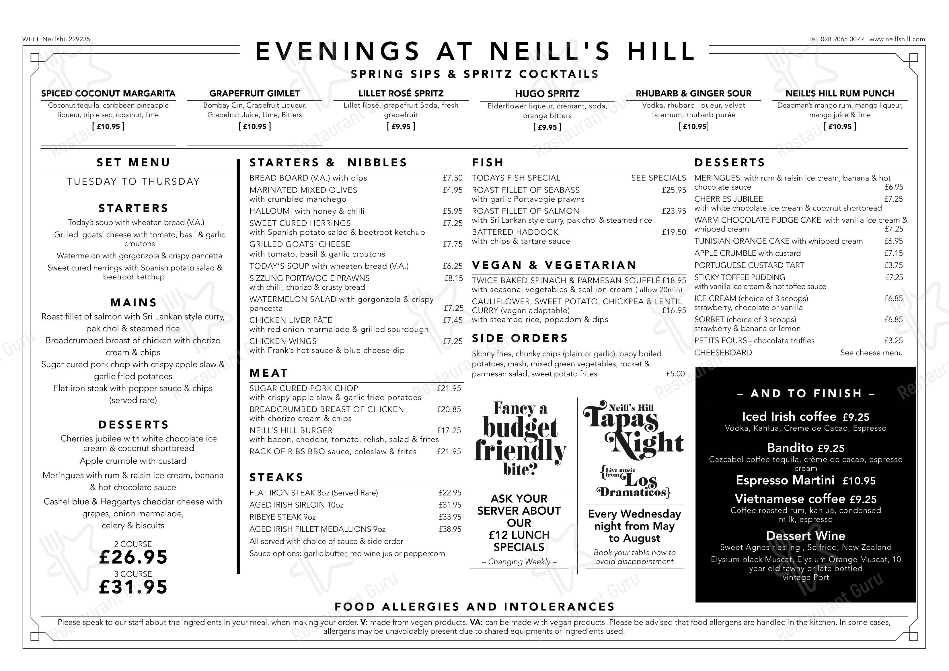 Menu at Neill's Hill Brasserie restaurant, Belfast