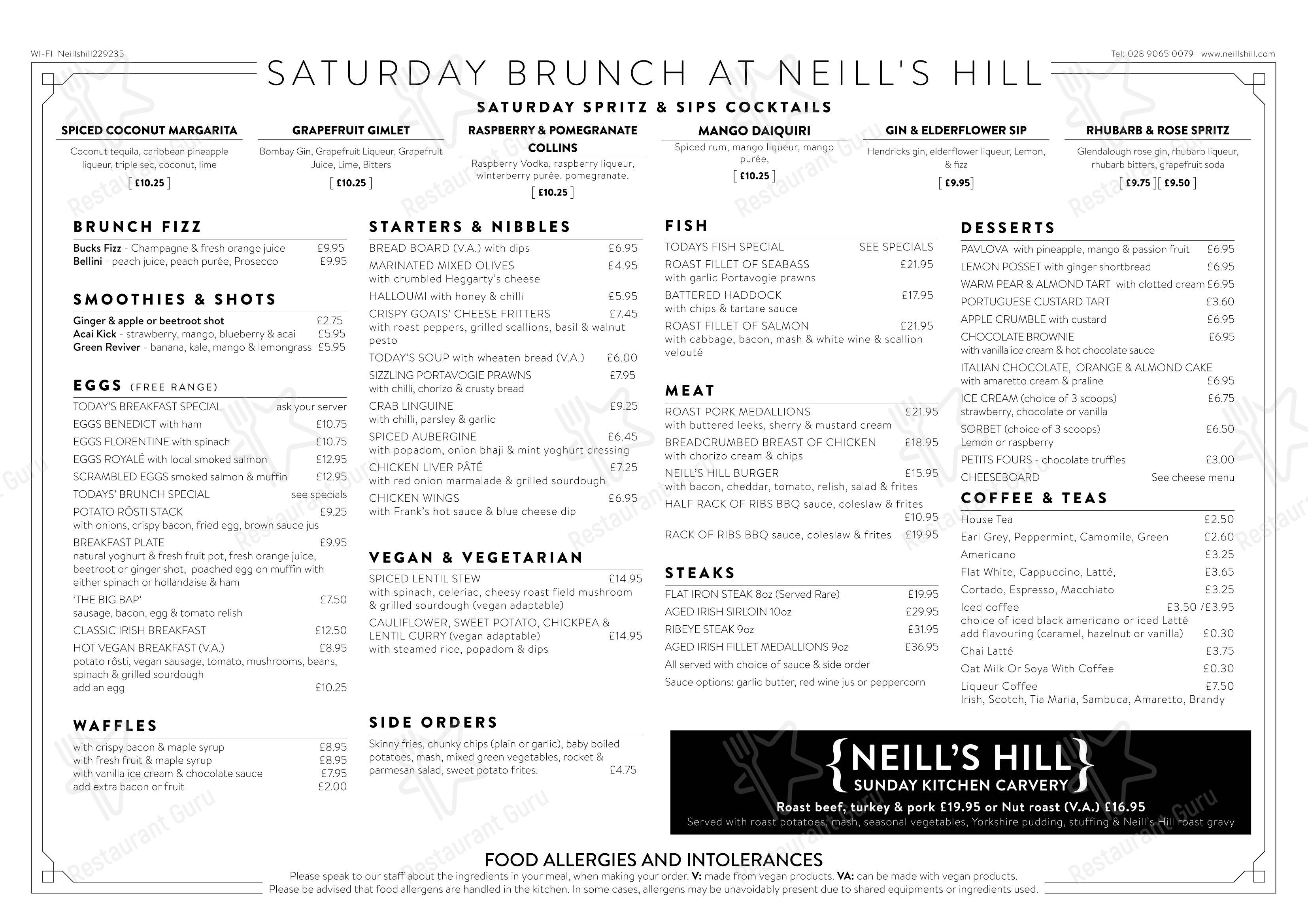 Menu at Neill's Hill Brasserie restaurant, Belfast