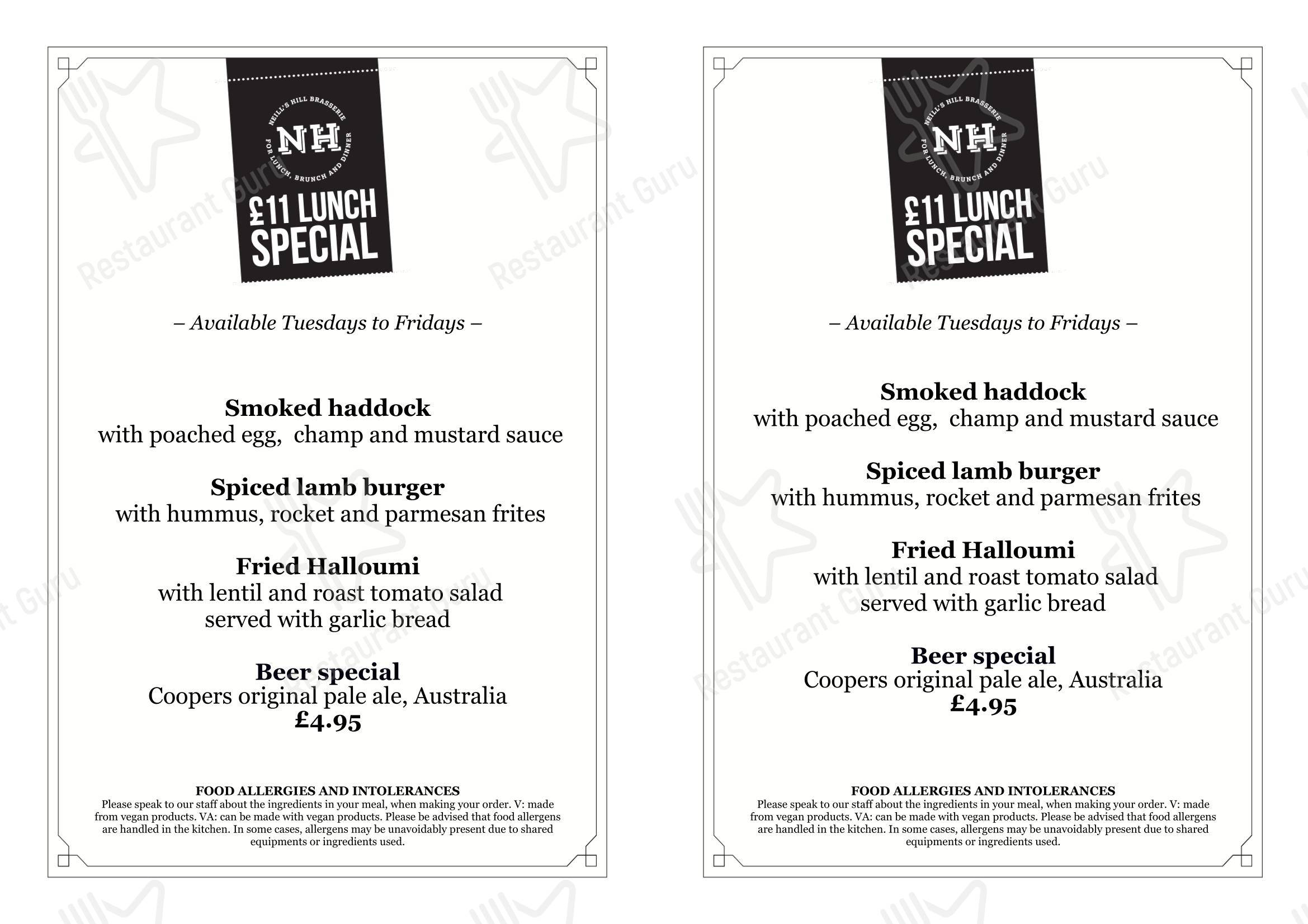 Menu at Neill's Hill Brasserie restaurant, Belfast