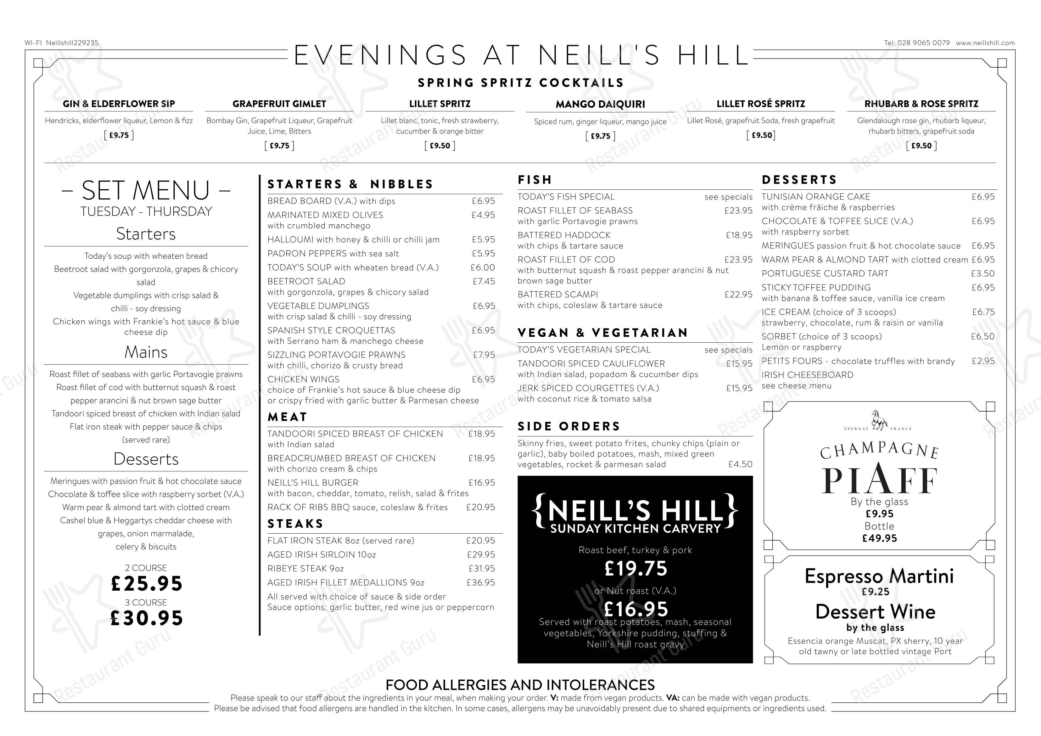 Menu at Neill's Hill Brasserie restaurant, Belfast