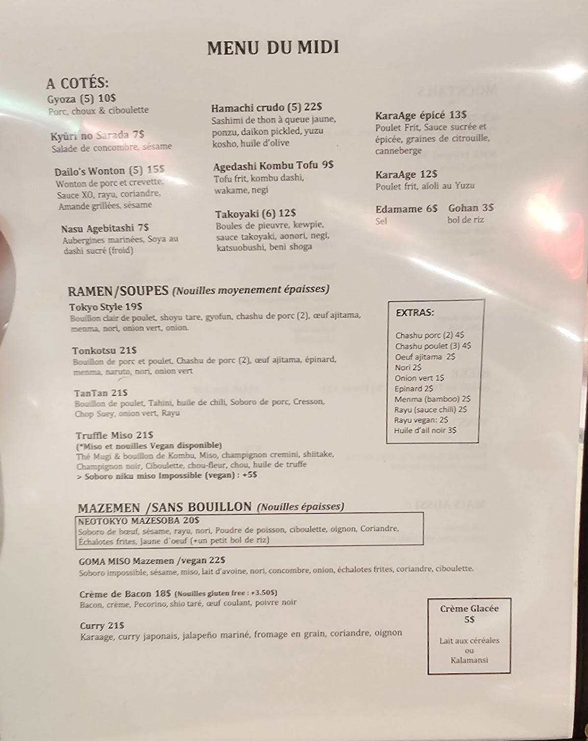Menu au Neotokyo restaurant, Montréal
