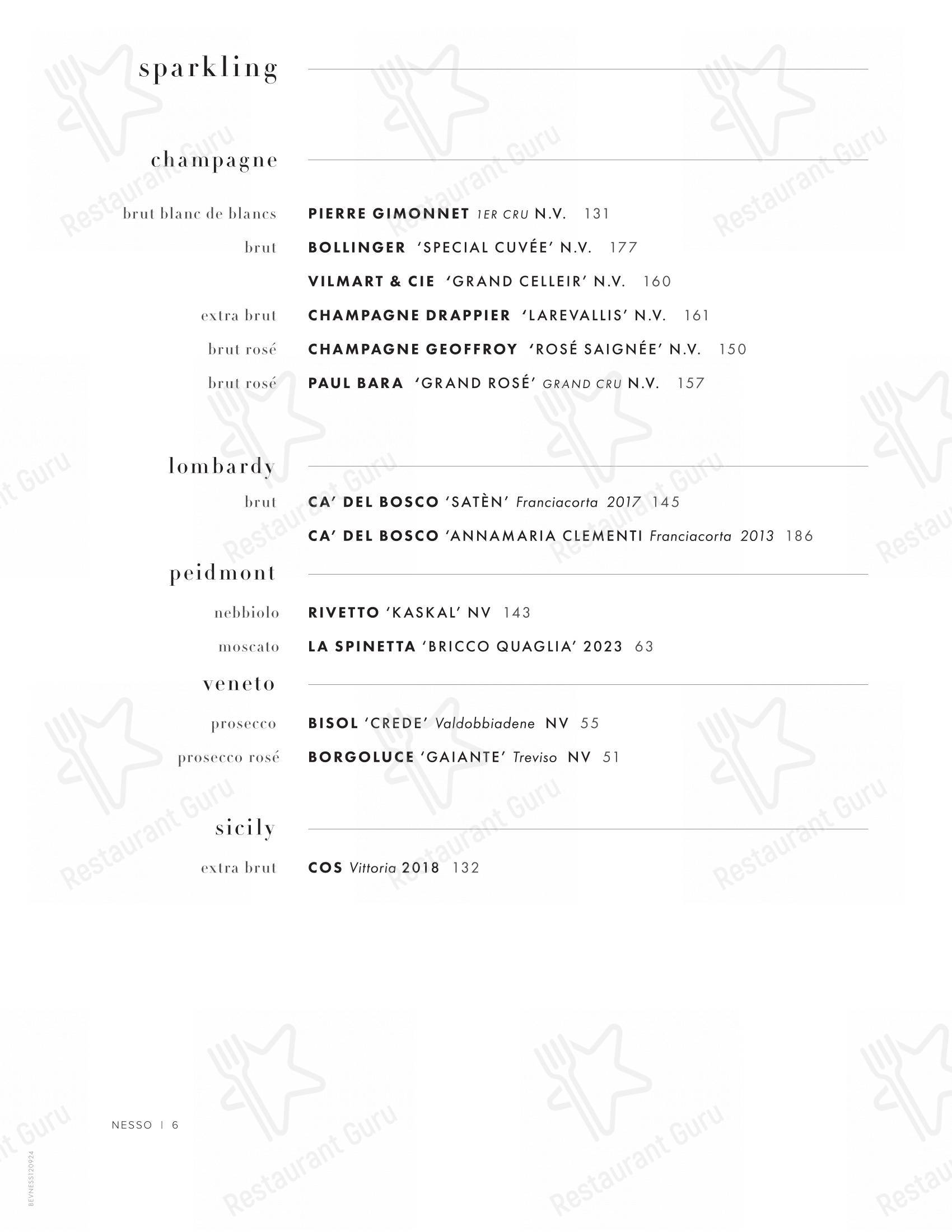 Menu at Nesso restaurant, Indianapolis