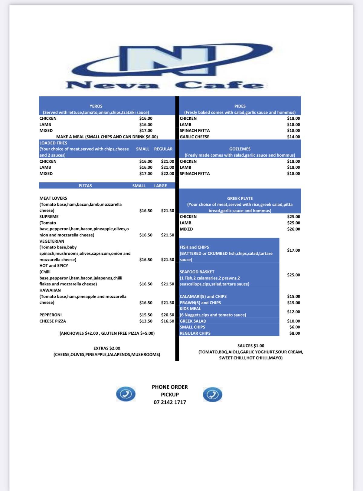 Menu at Neva Cafe, Childers