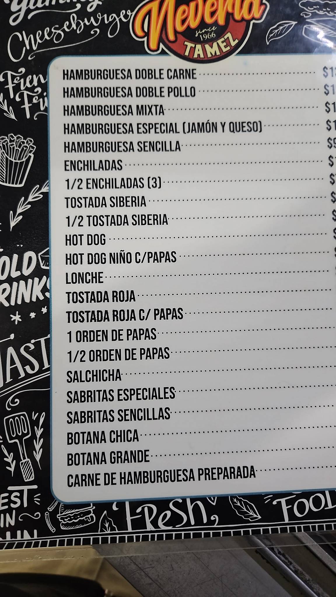 Carta del restaurante Neveria Tamez, Ciudad del Allende