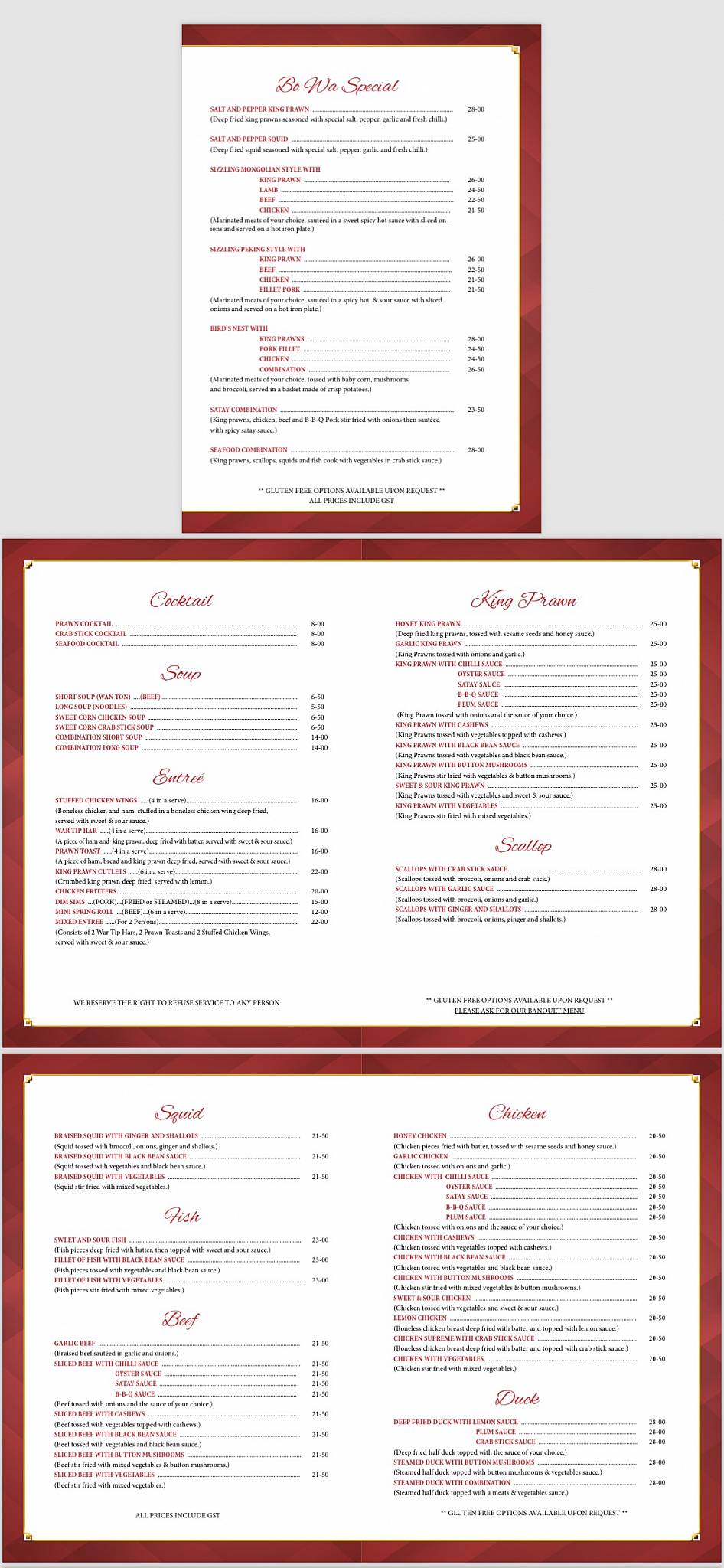 Menu at New Bo Wa Restaurant, Moree