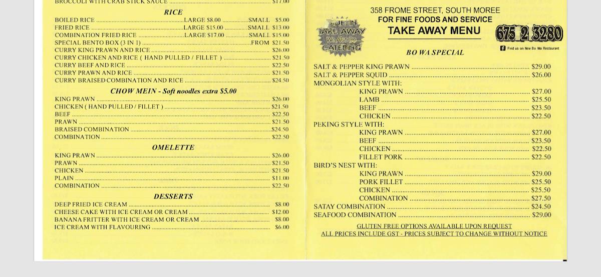 Menu at New Bo Wa Restaurant, Moree