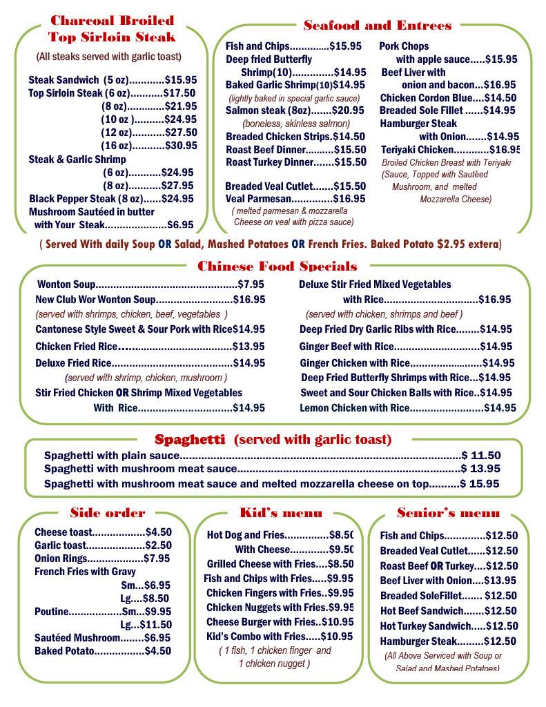 Menu at New Club Café, Vulcan