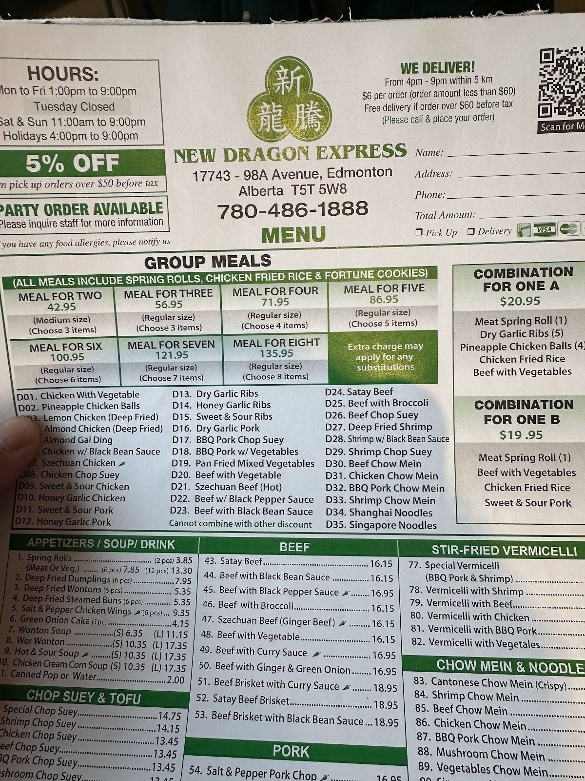 Menu at New Dragon Express restaurant, Edmonton