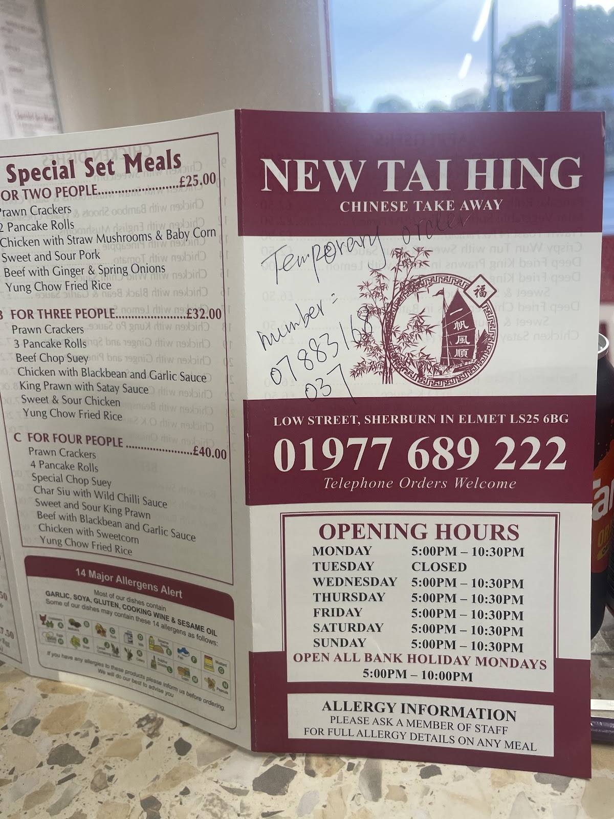 Menu at New Tai Hing fast food, Sherburn in Elmet