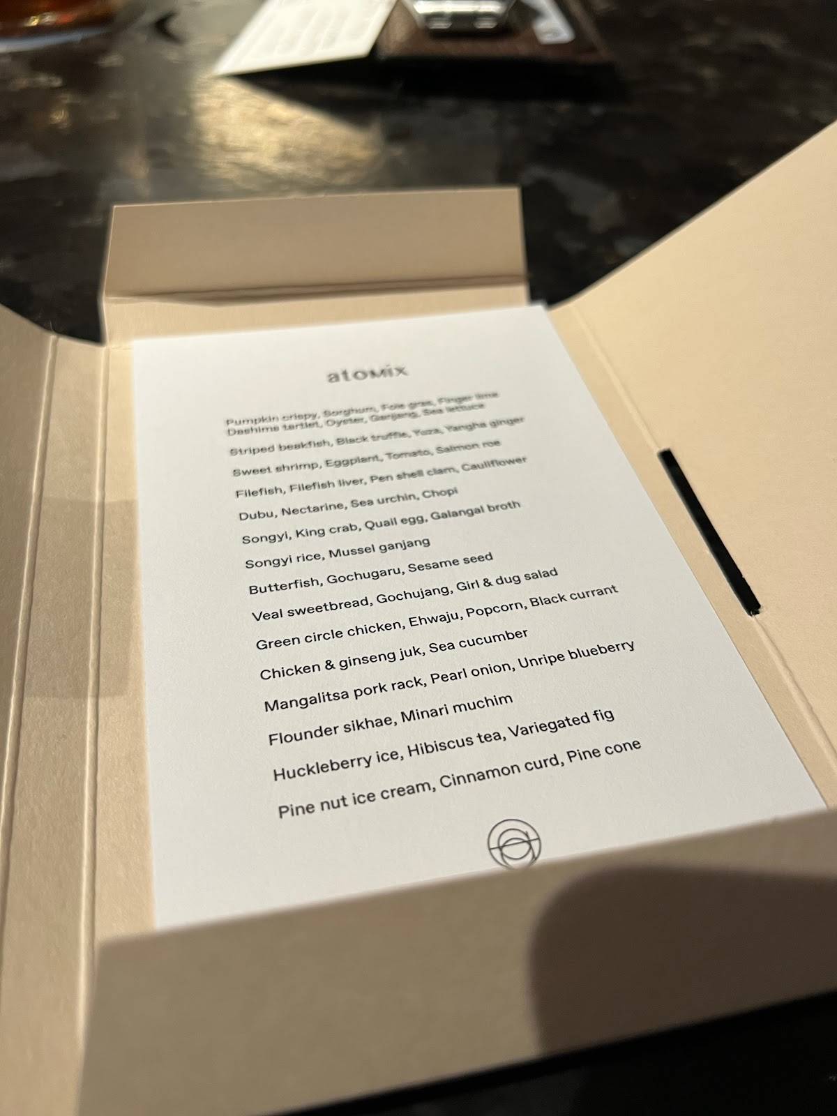 Menu at ATOMIX restaurant, New York City