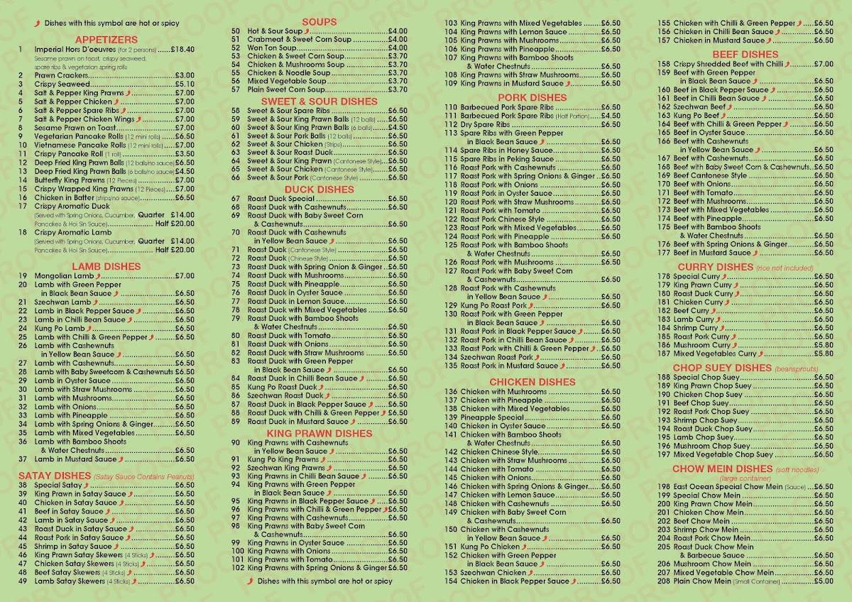 Menu at East Ocean fast food, Newport Pagnell