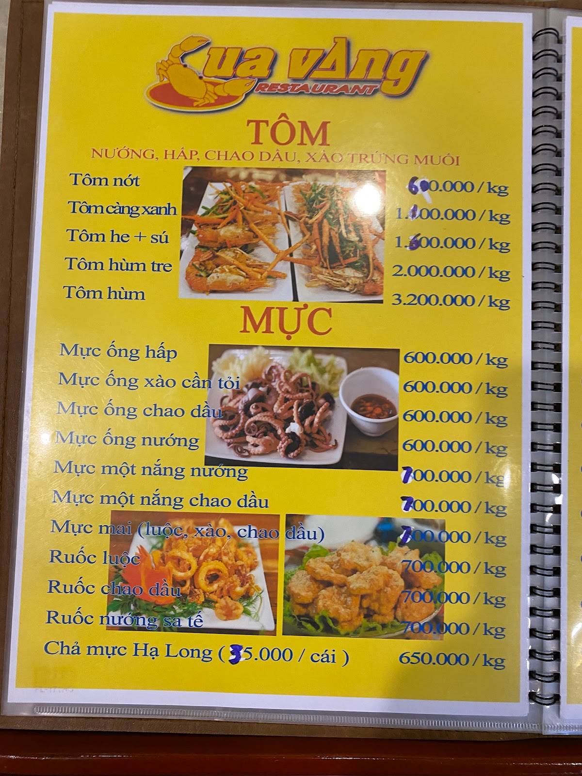 Carta del restaurante Nhà Hàng Cua Vàng Bãi Cháy, Thành phố Hạ Long