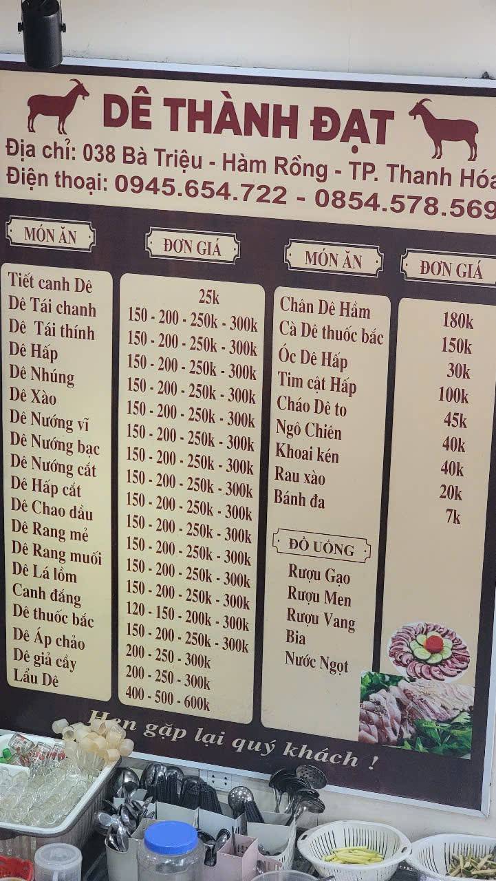 Menu at Nhà Hàng Dê Thành Đạt restaurant, Thanh Hoa