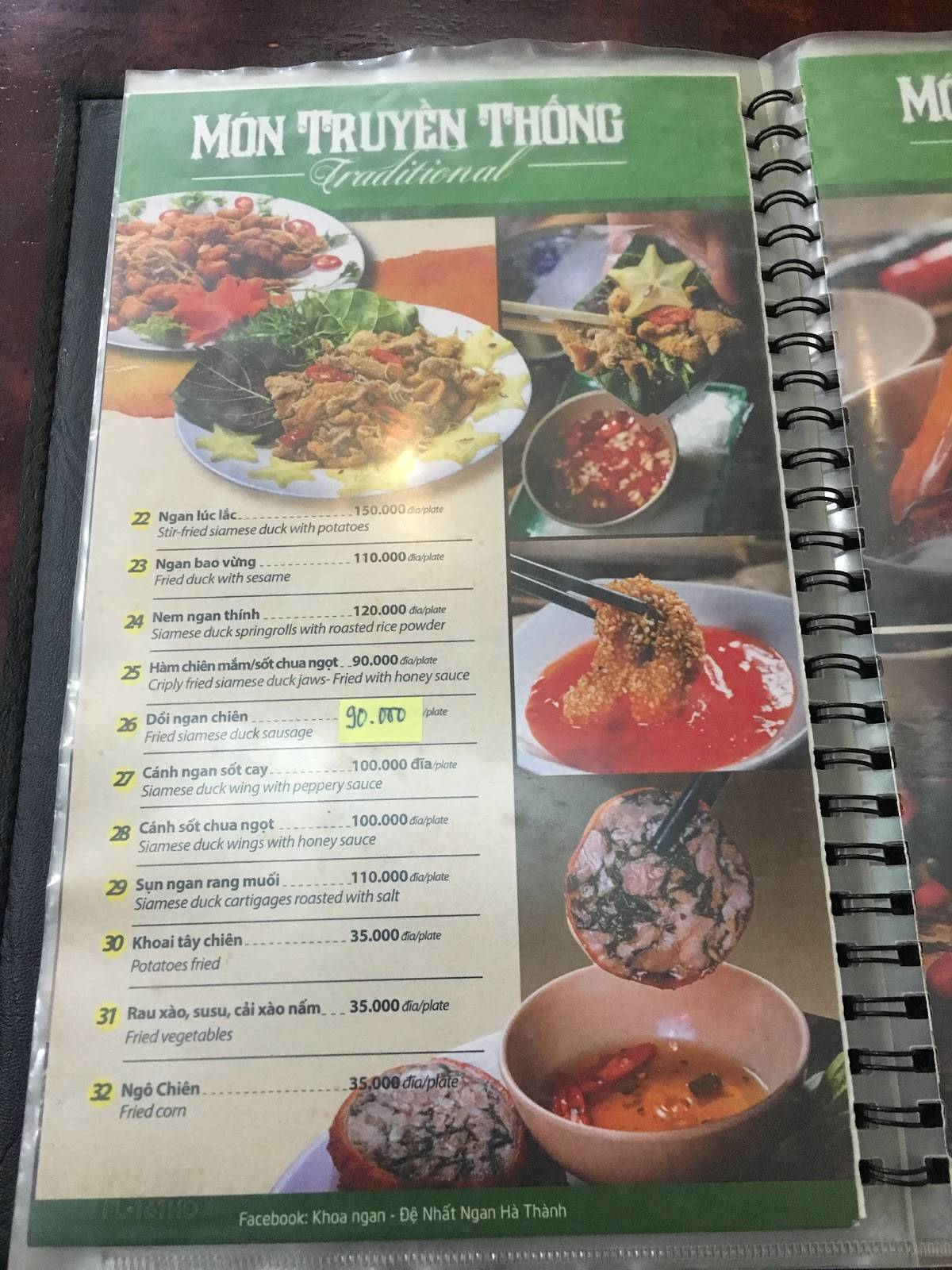 Menu at Nhà Hàng Khoa Ngan restaurant, Hanoi