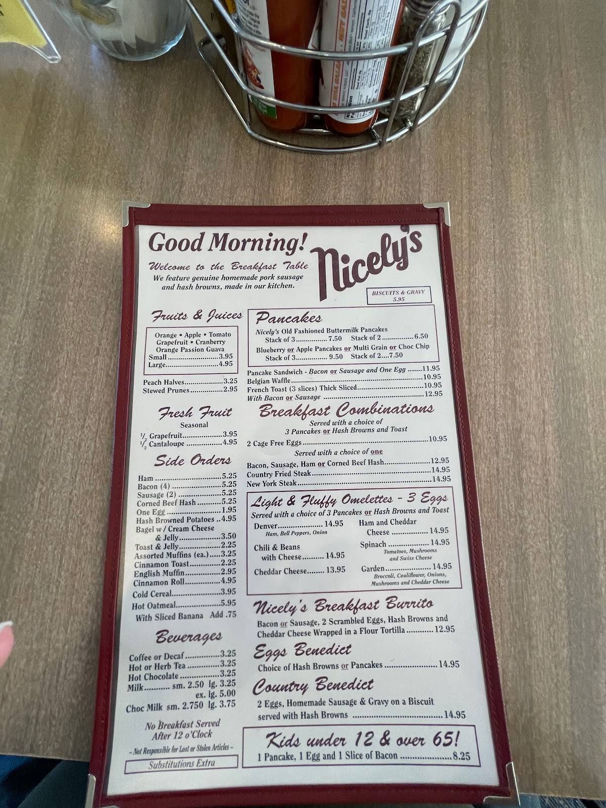 Menu at Nicely's Restaurant, Lee Vining