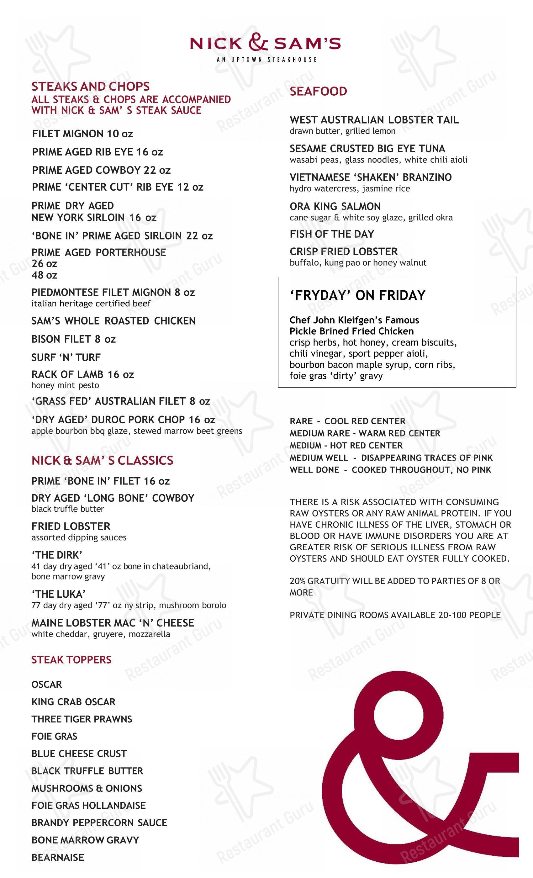 Menu at Nick & Sam's steakhouse, Dallas, Maple Ave