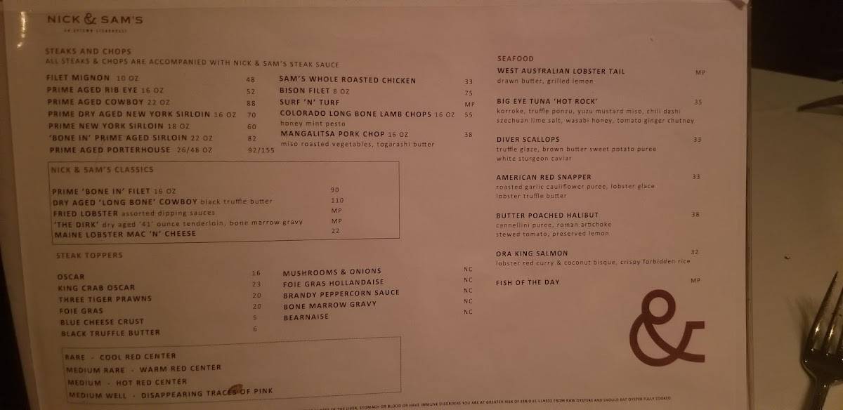 Menu at Nick & Sam's steakhouse, Dallas, Maple Ave