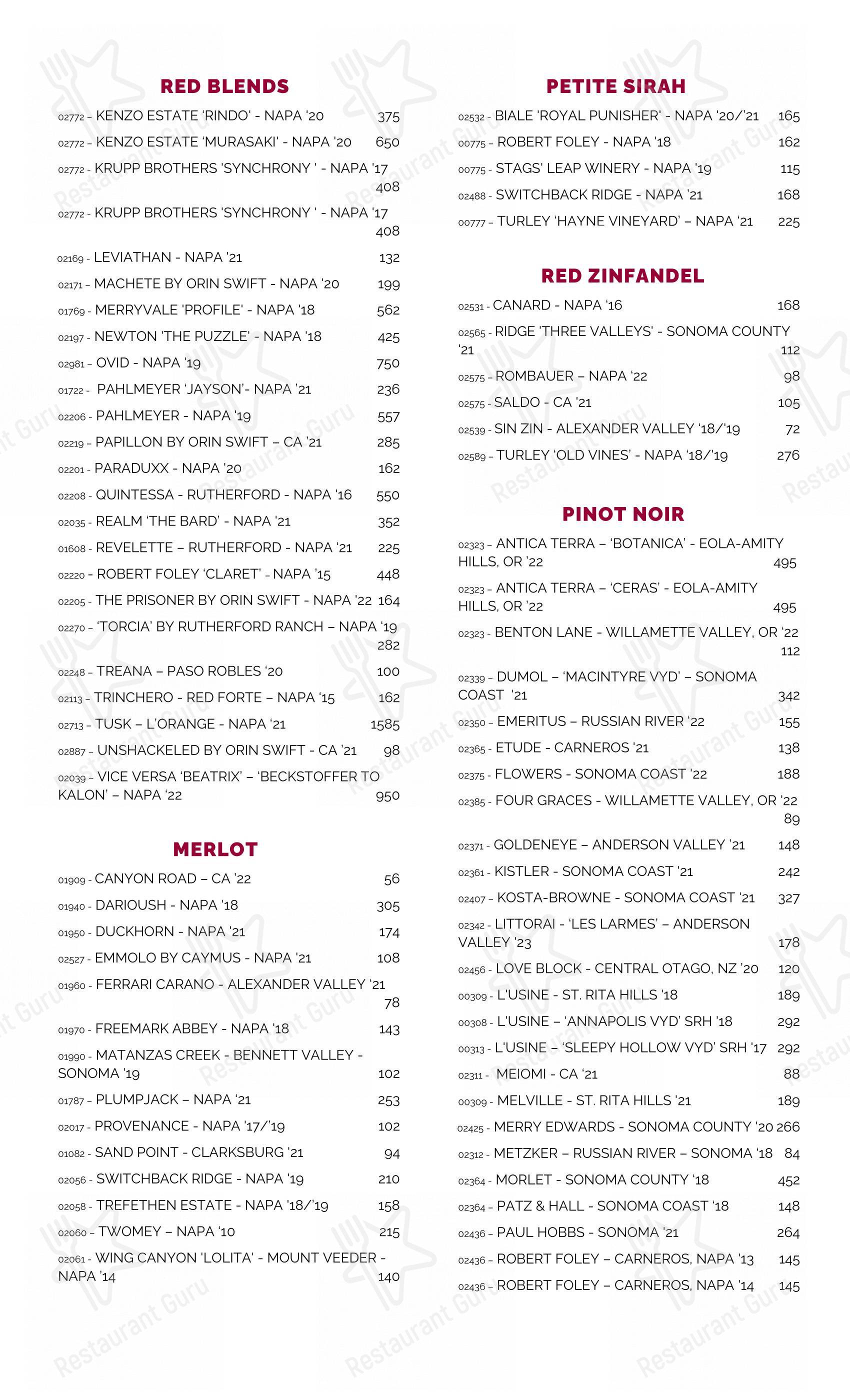 Menu at Nick & Sam's steakhouse, Dallas, Maple Ave