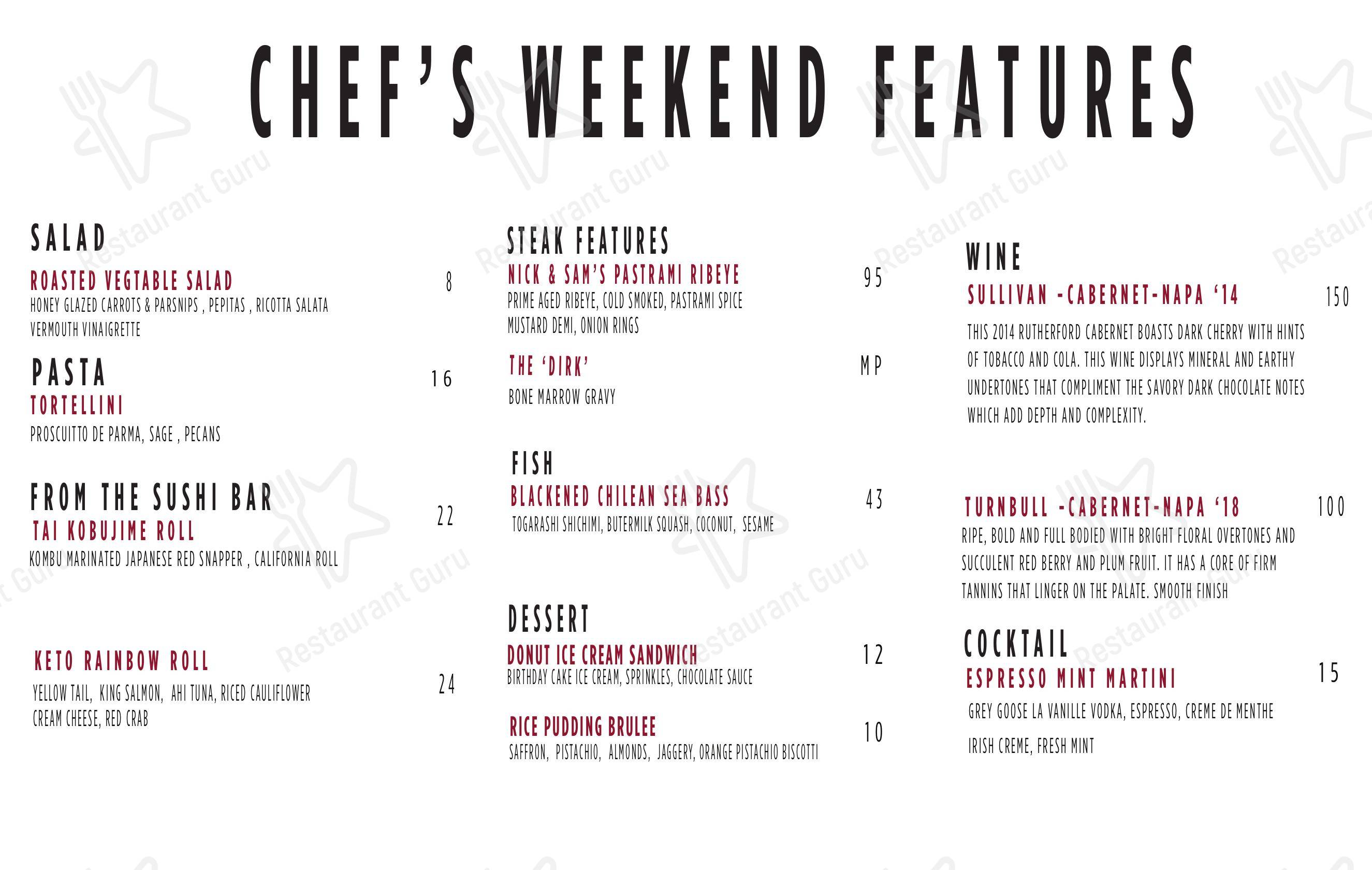 Menu at Nick & Sam's steakhouse, Dallas, Maple Ave