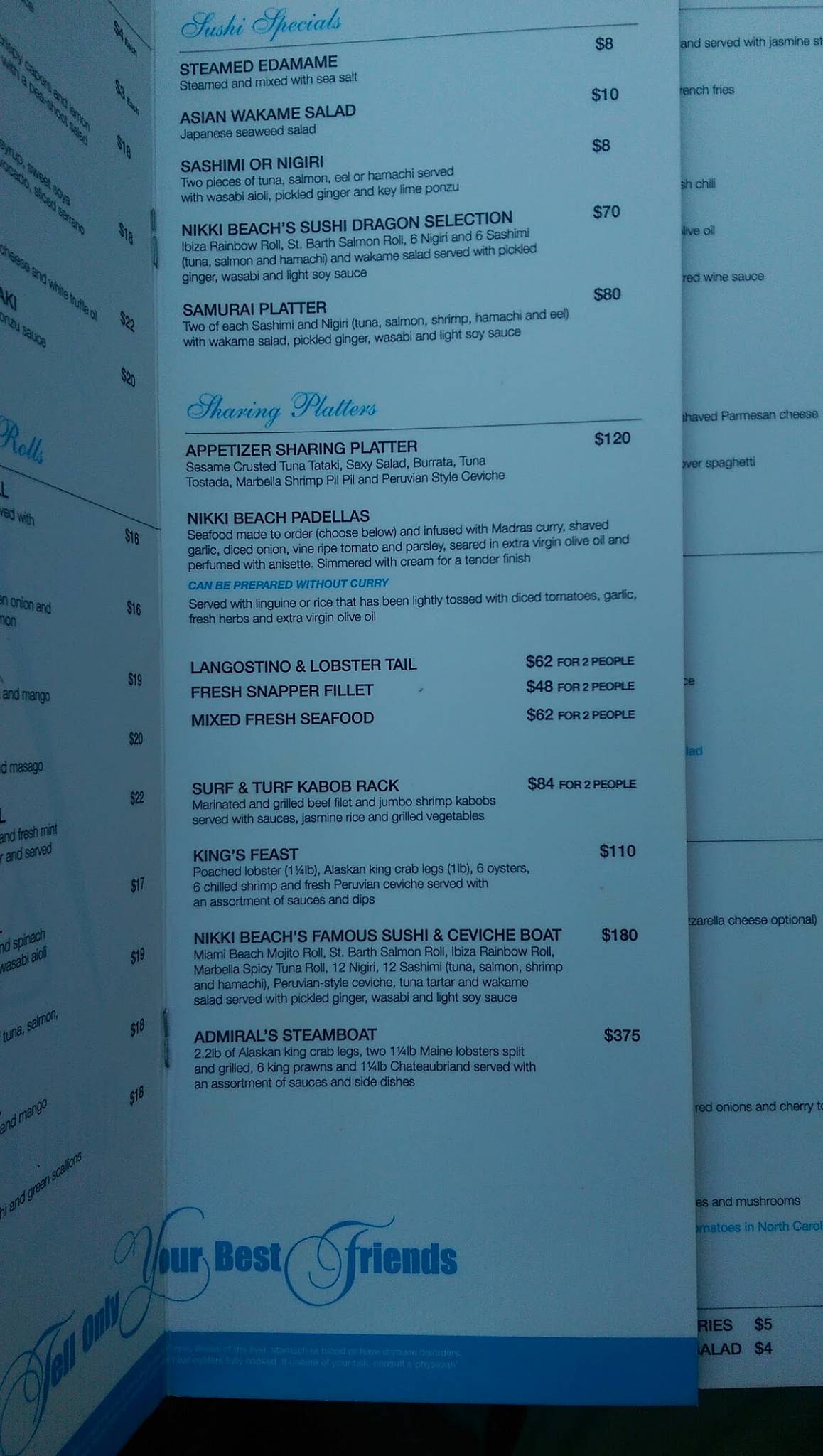 Menu at Nikki Beach Miami Beach restaurant, Miami Beach, 1 Ocean Dr