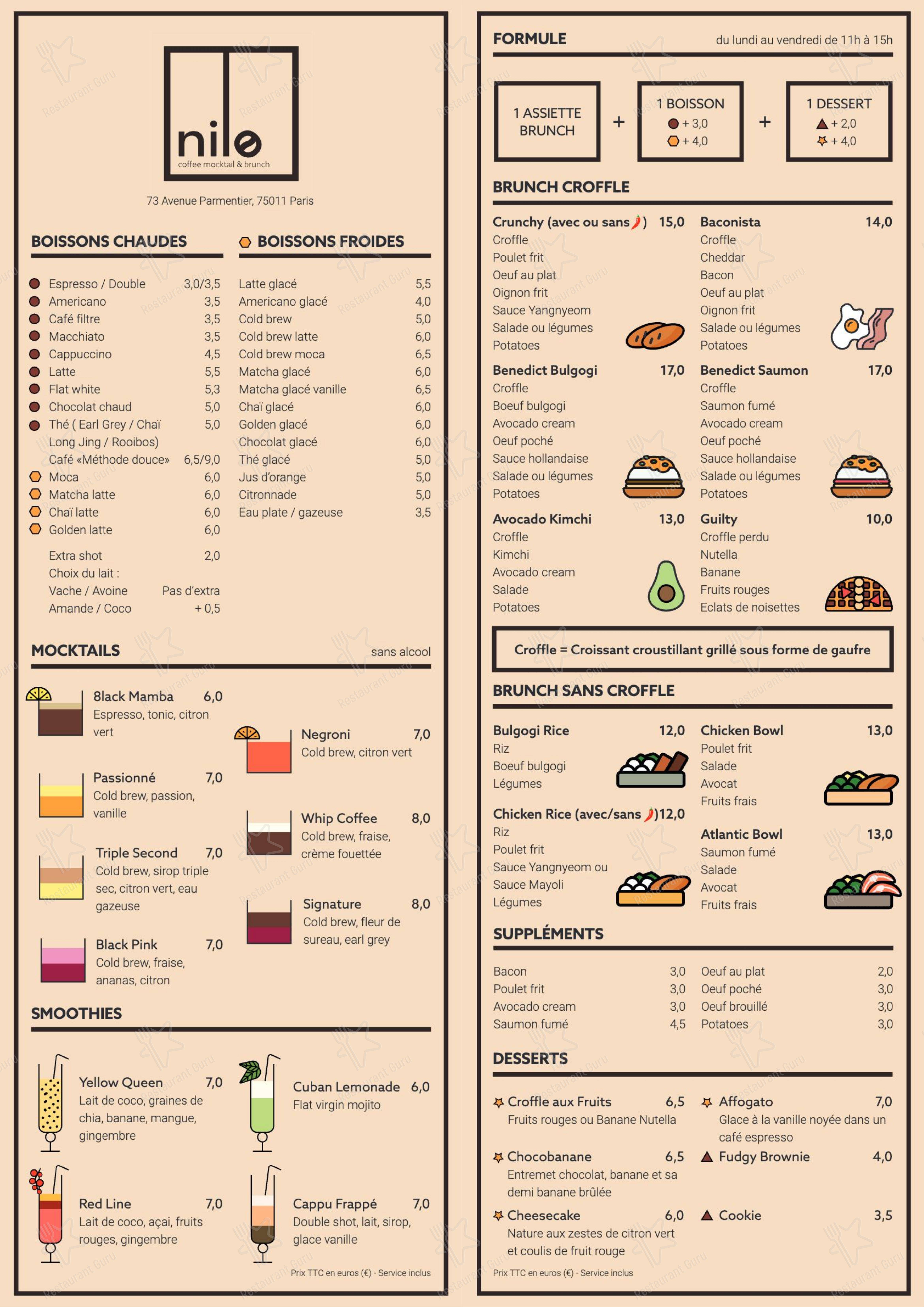 Menu at Nilo restaurant, Paris