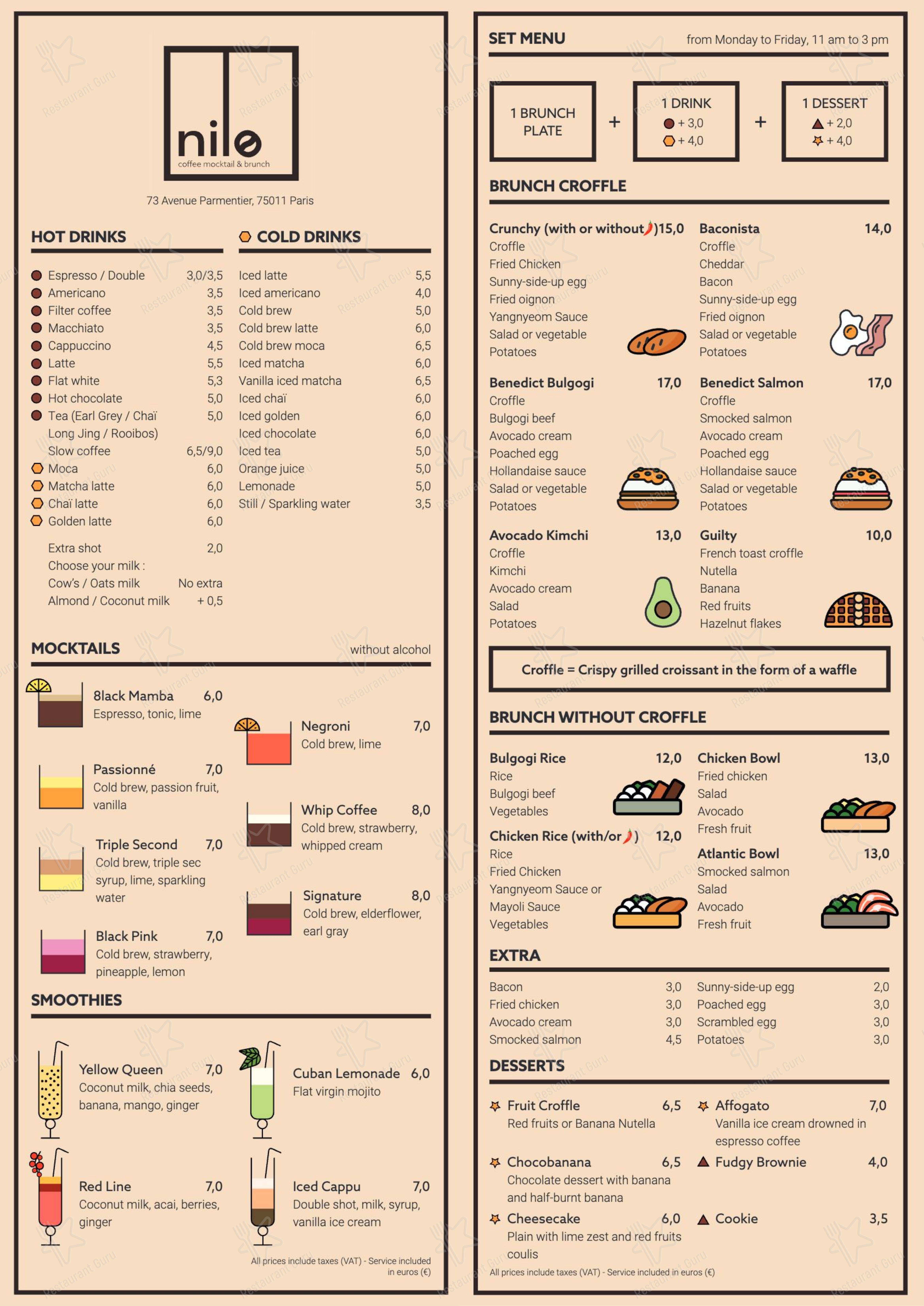 Menu at Nilo restaurant, Paris